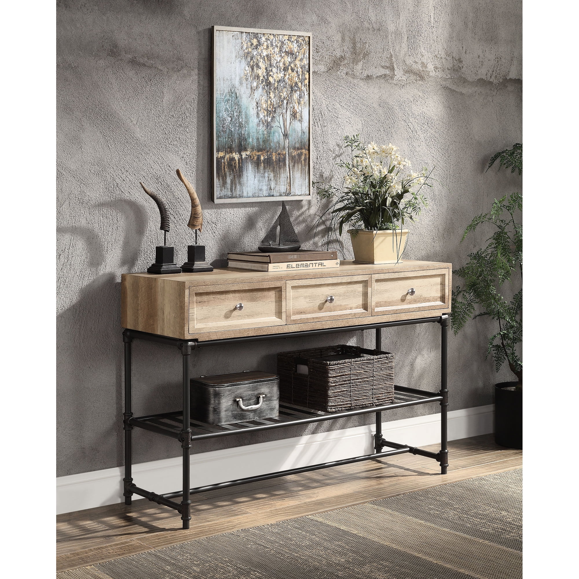 Modern Industrial Table With Oak Veneer And Metal Construction & Sandy ...