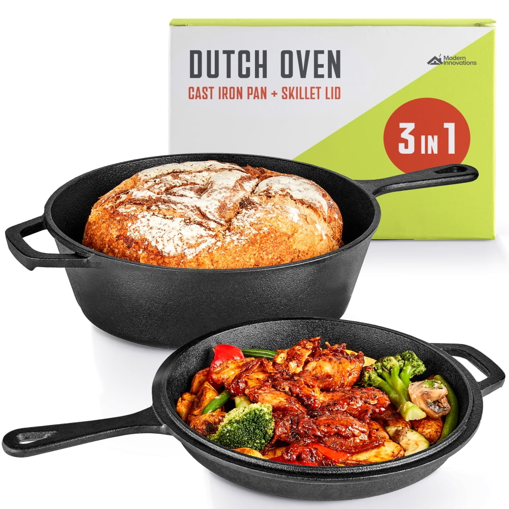 Modern Innovations 3-in-1 Dutch Oven, Cast Iron Pan (3.2QT) and Cast ...