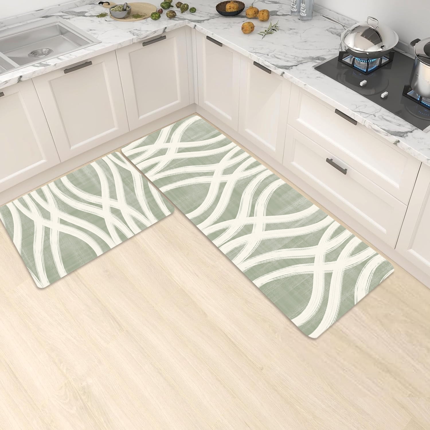 Modern Irregular Line Design Green Flannel Kitchen Rugs, 10mm Thick Non ...