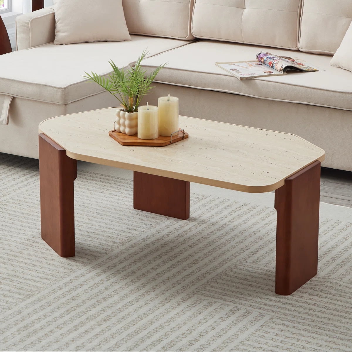 Modern Irregular Travertine Texture Coffee Table – 44" Stone Accent ...
