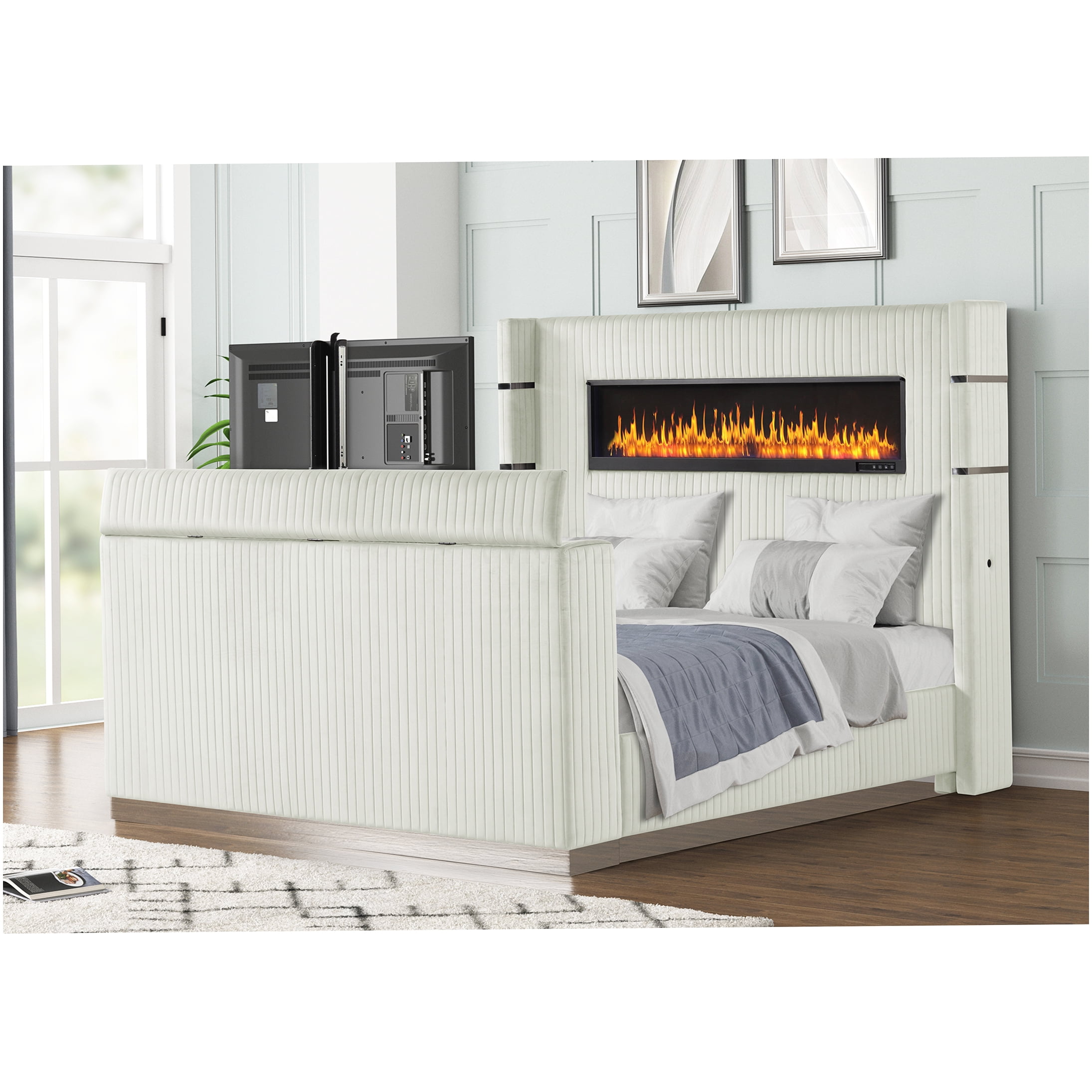 Modern King Bed with LED Fireplace Headboard and TV Footboard, Beige ...