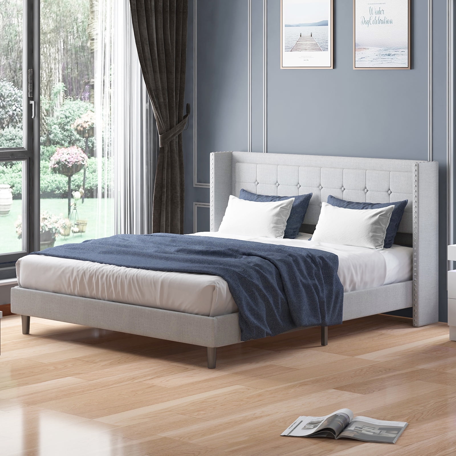 Modern King Size Bed Frame, King Platform Bed with Upholstered Tufted ...