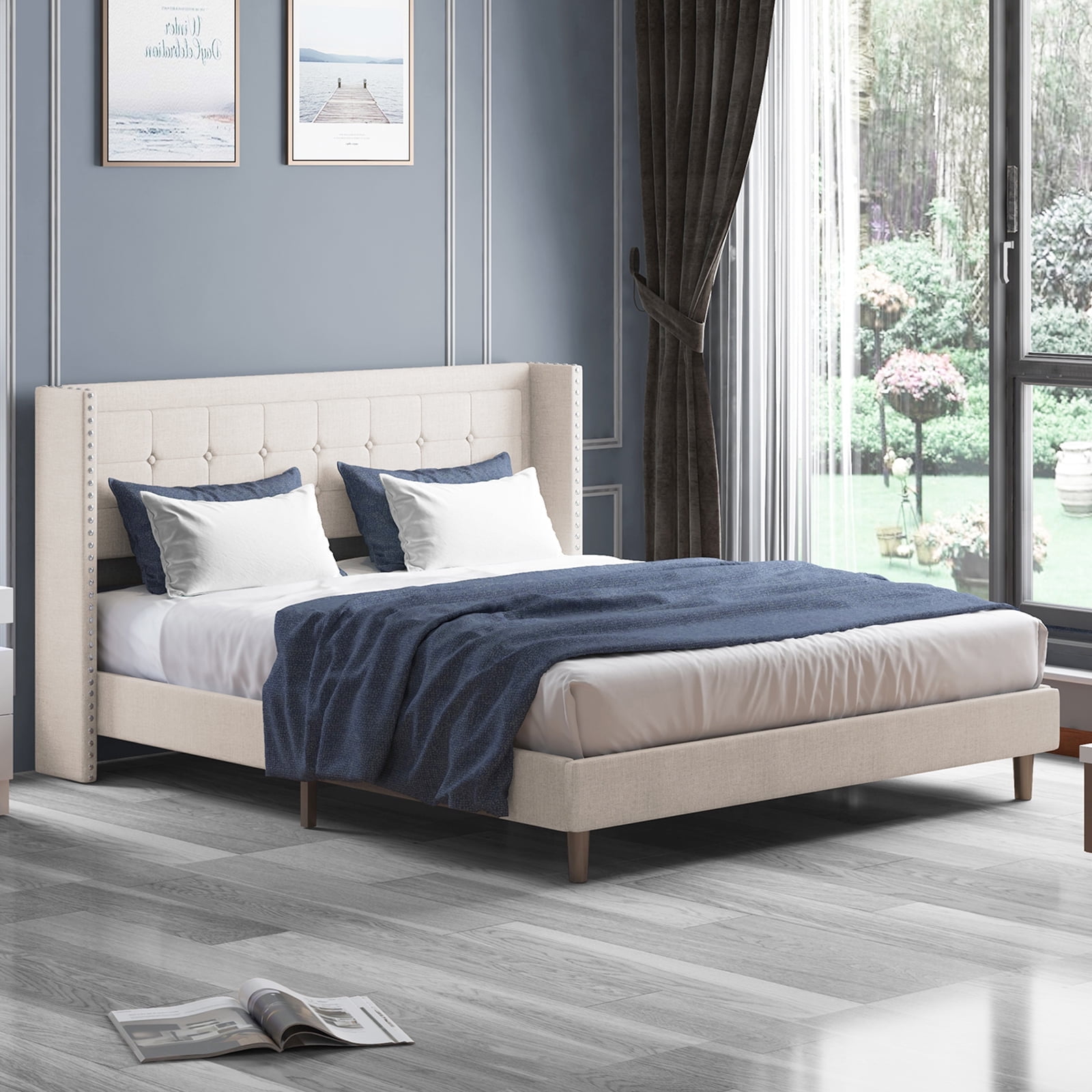 Modern King Size Bed Frame, King Platform Bed with Upholstered Tufted ...