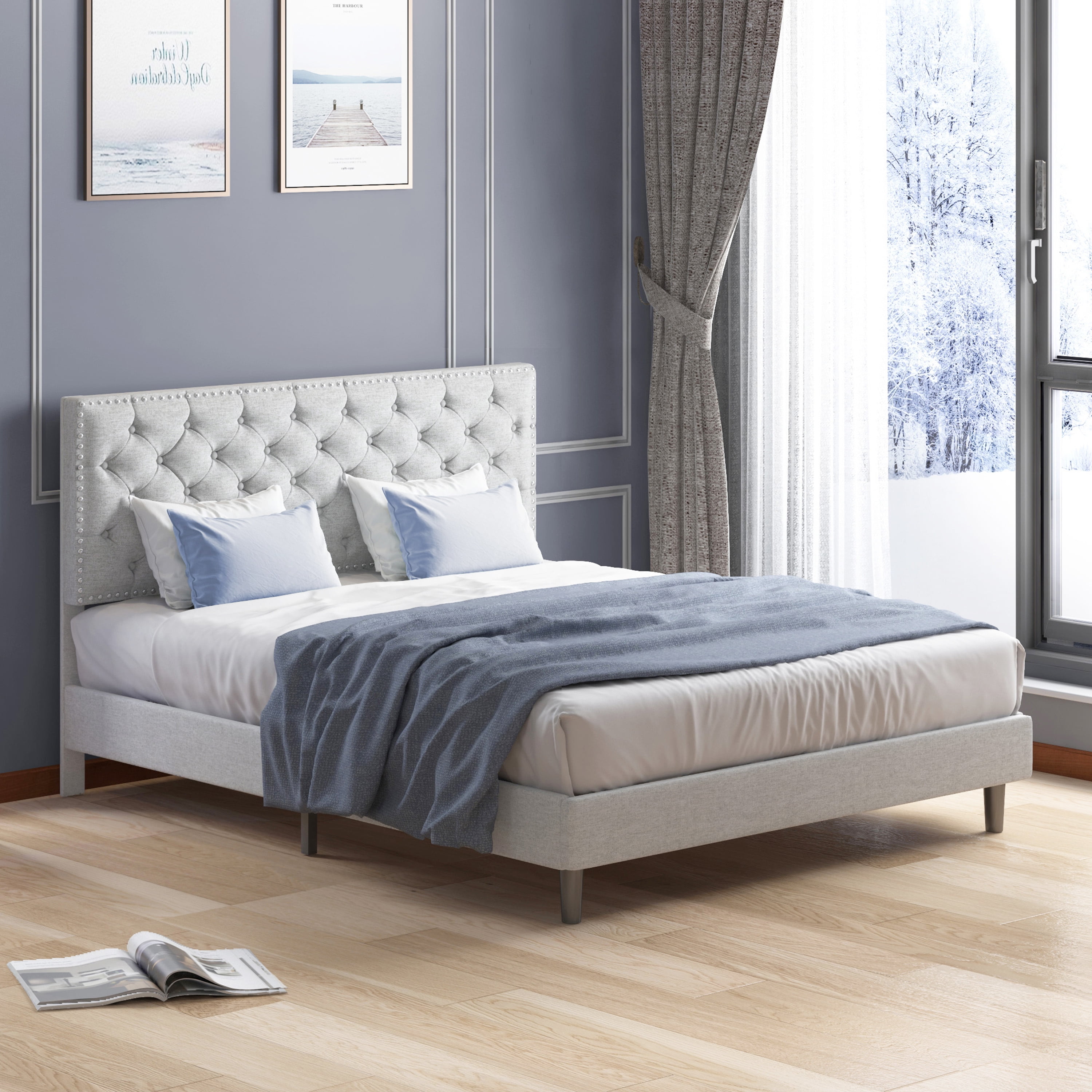 Modern King Size Bed Frame, Upholstered Tufted Headboard Platform Bed ...