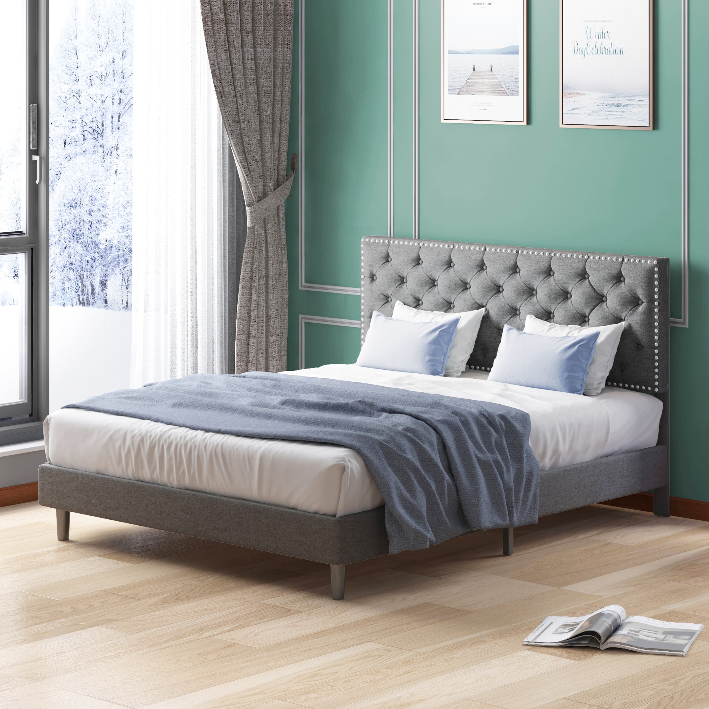 Modern King Size Bed Frame with Upholstered Tufted Headboard, Beds with ...