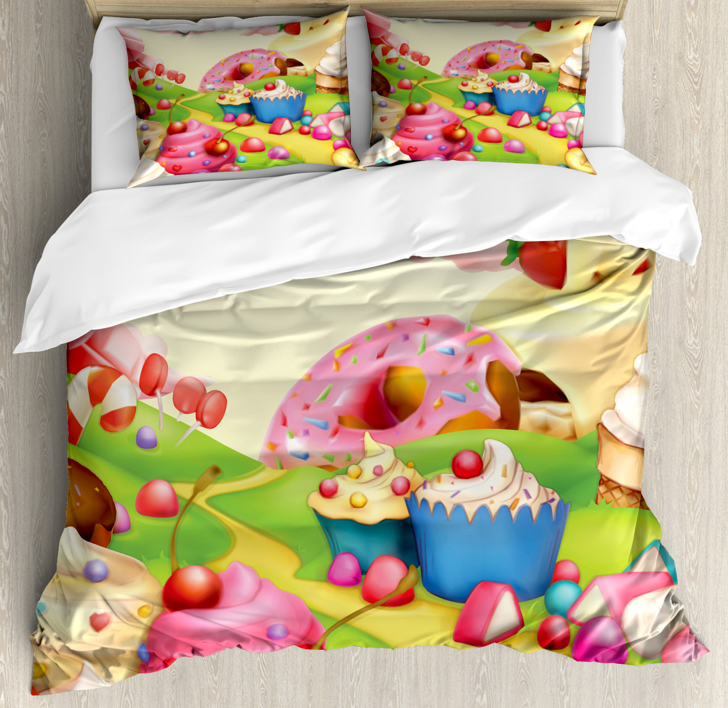 Modern King Size Duvet Cover Set, Yummy Donuts Sweet Land Cupcakes Ice ...