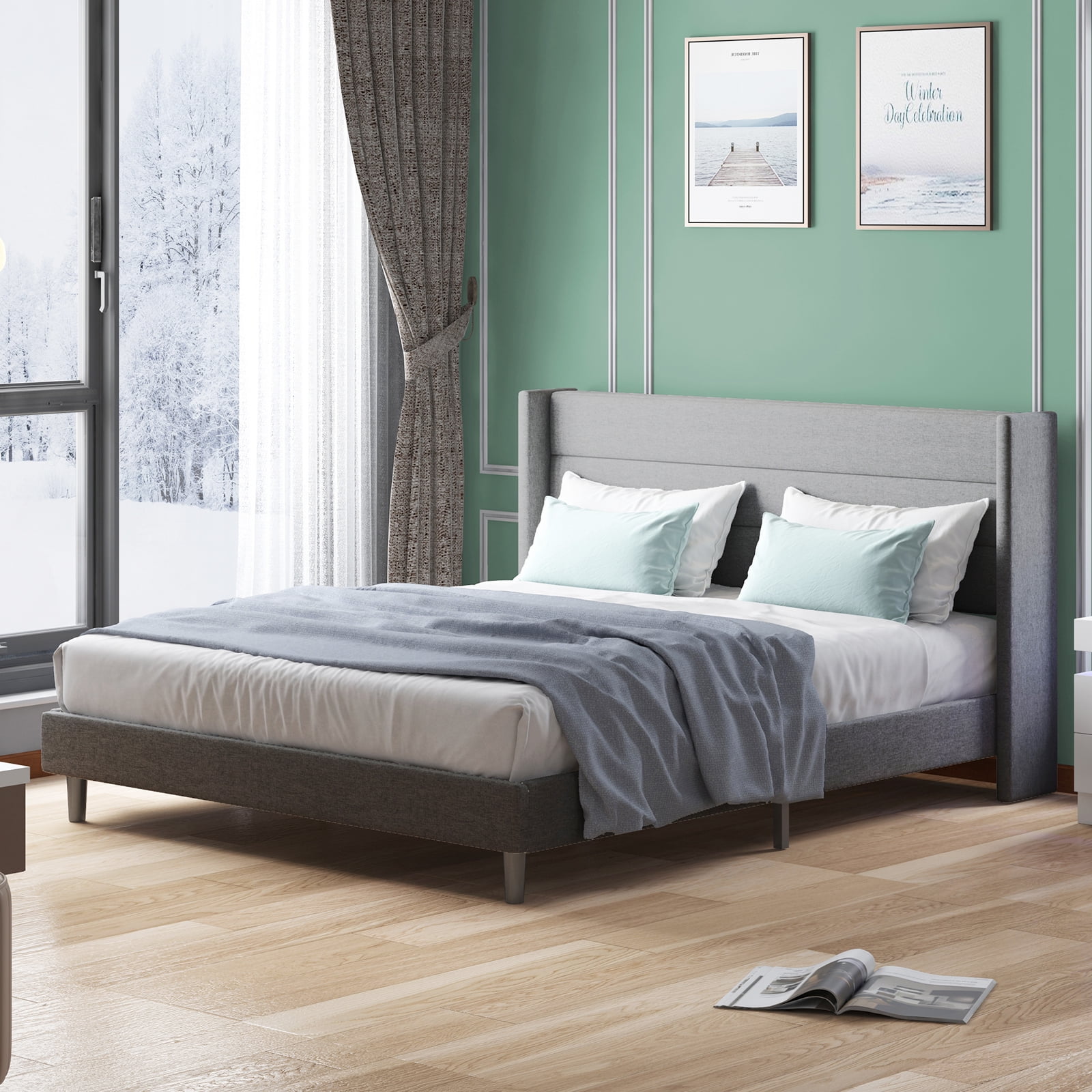 Modern King Size Platform Bed Frame, Upholstered Linen Wingback ...