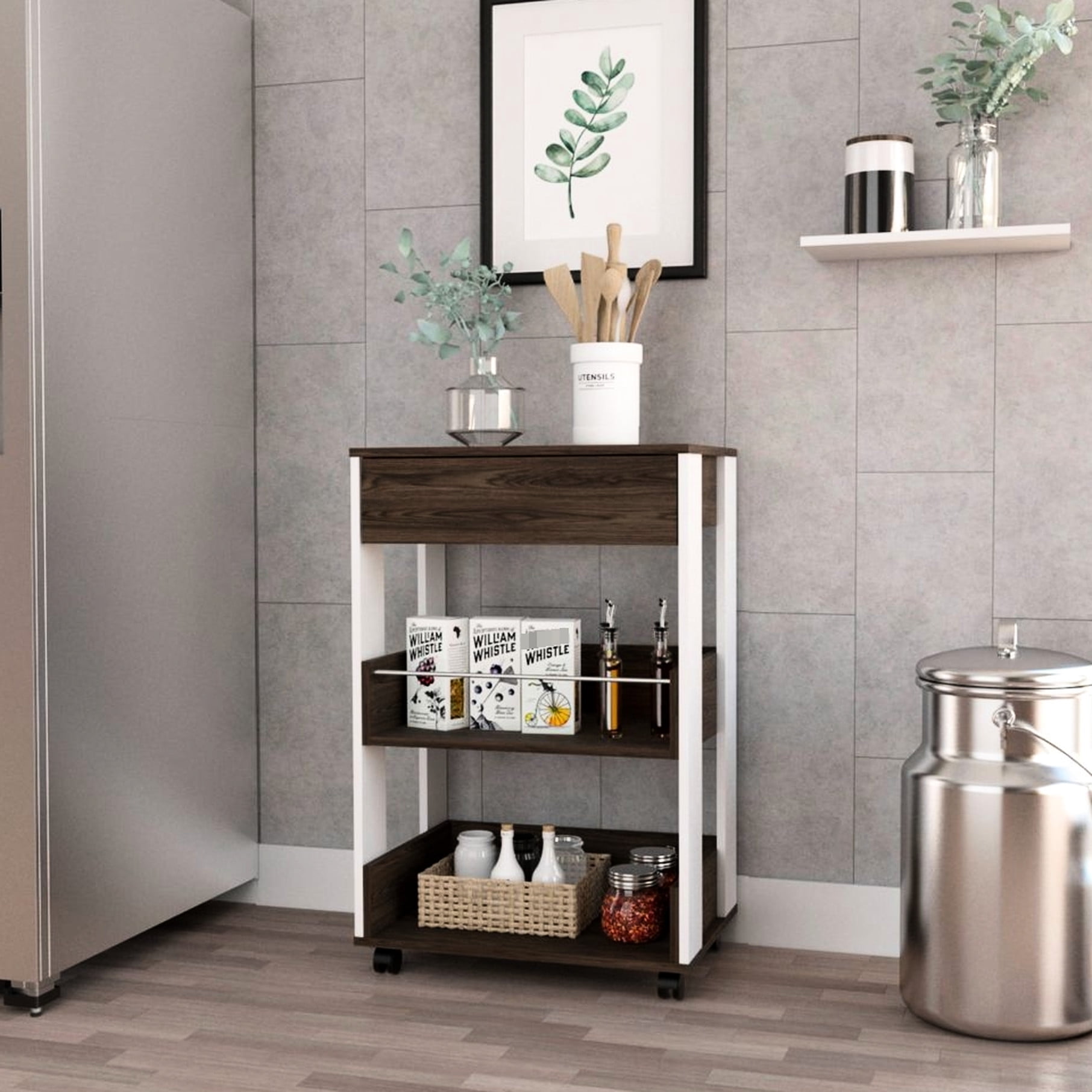Modern Kitchen Cart With 3 Shelves And 4 , 35" H, White / Dark Walnut ...