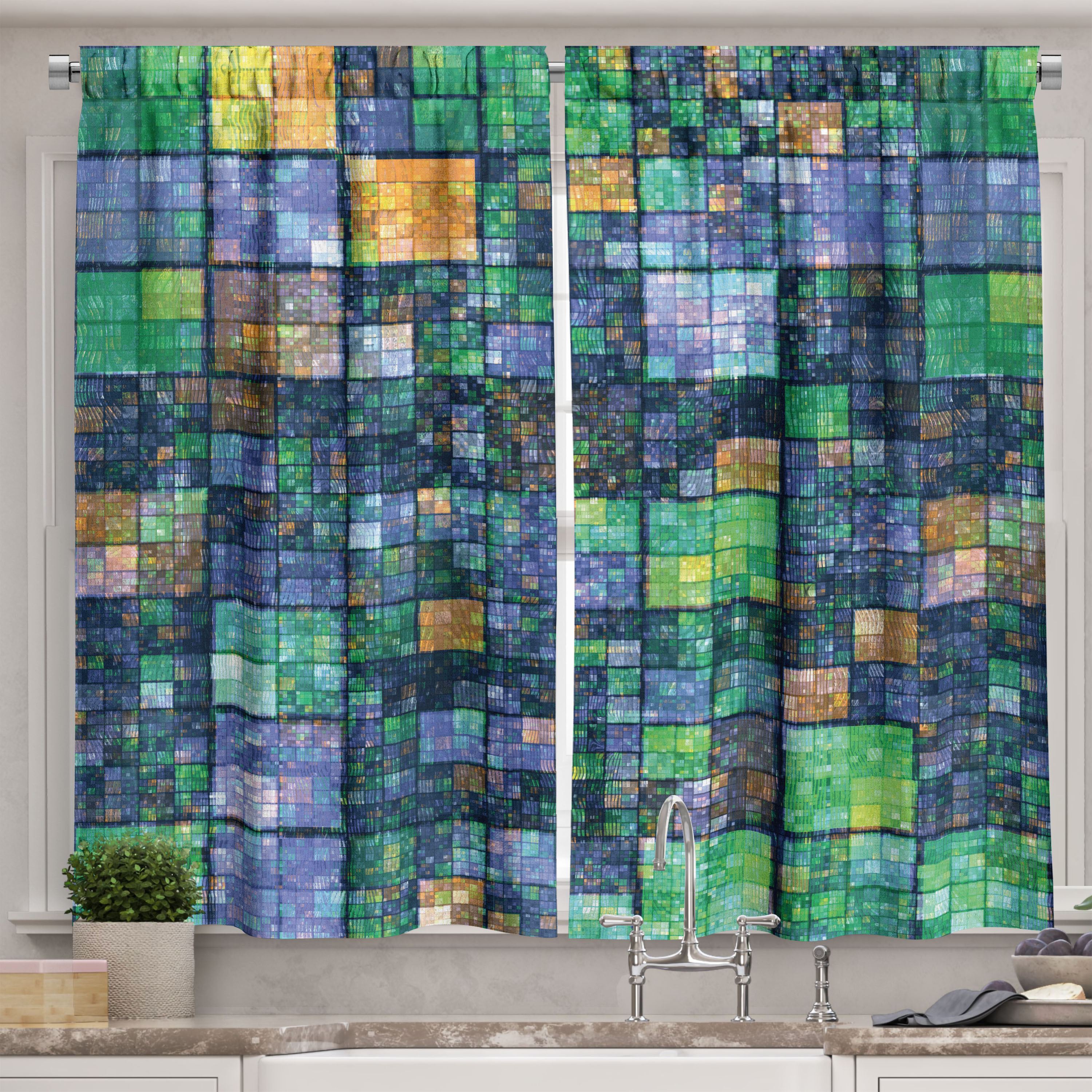 Modern Kitchen Curtains, Mosaic Geometric Style Rainbow Colors ...