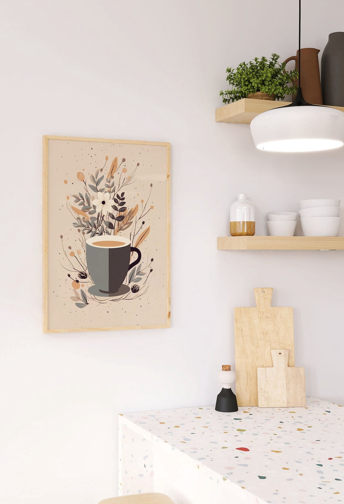 Modern Kitchen Decor: Coffee Cup With Plant Motif Cozy Boho Wall Decor ...