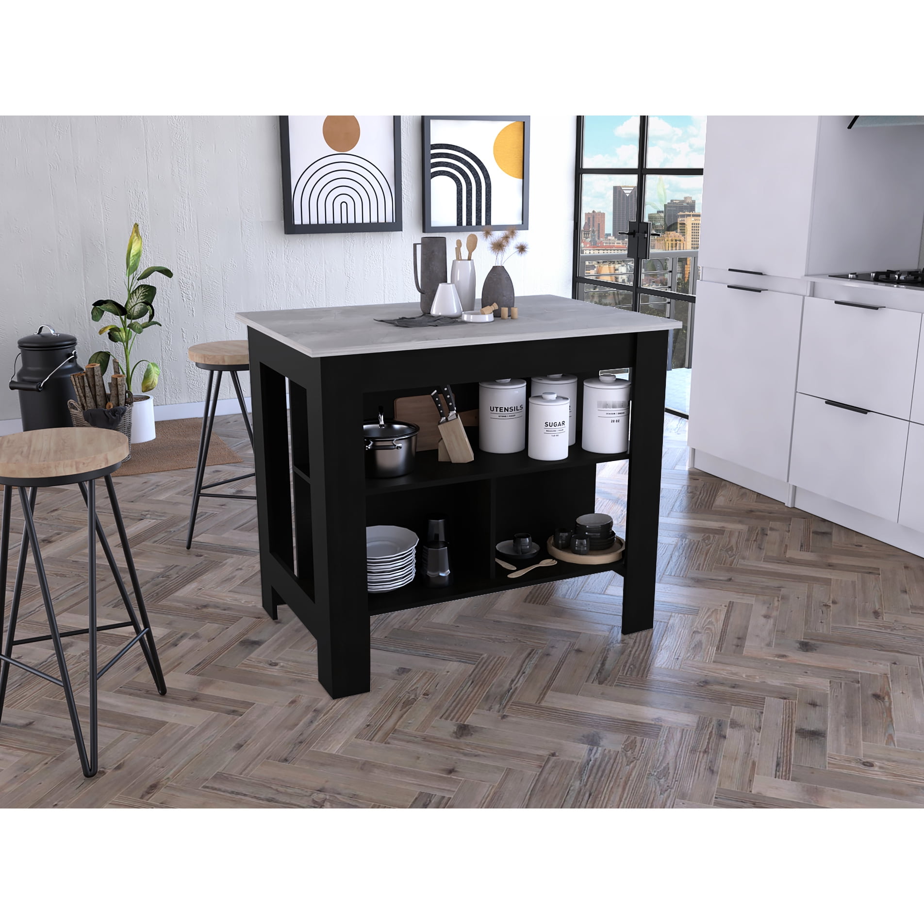 Modern Kitchen Island With Four Legs, Black / Marble Surface, Three ...
