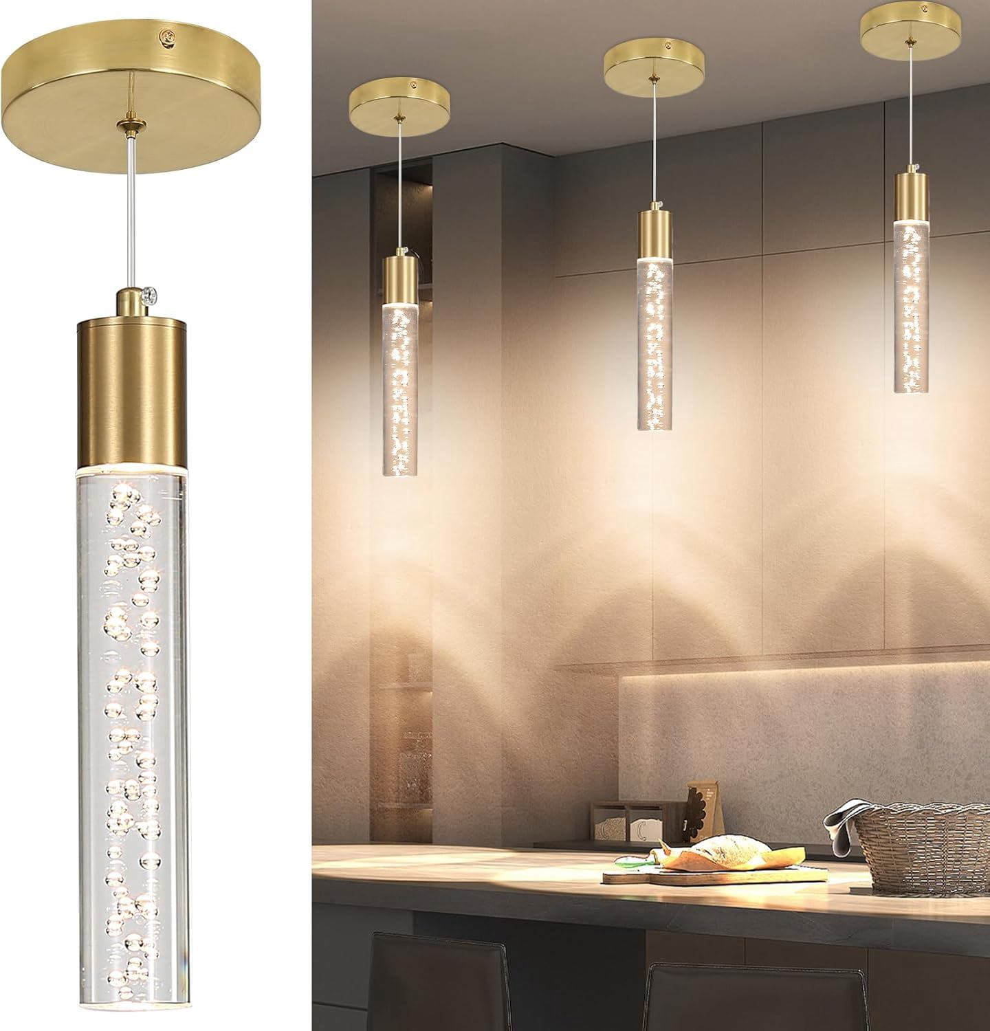 Modern Kitchen Island Hanging Light, Gold LED Pendant Lights Fixture ...