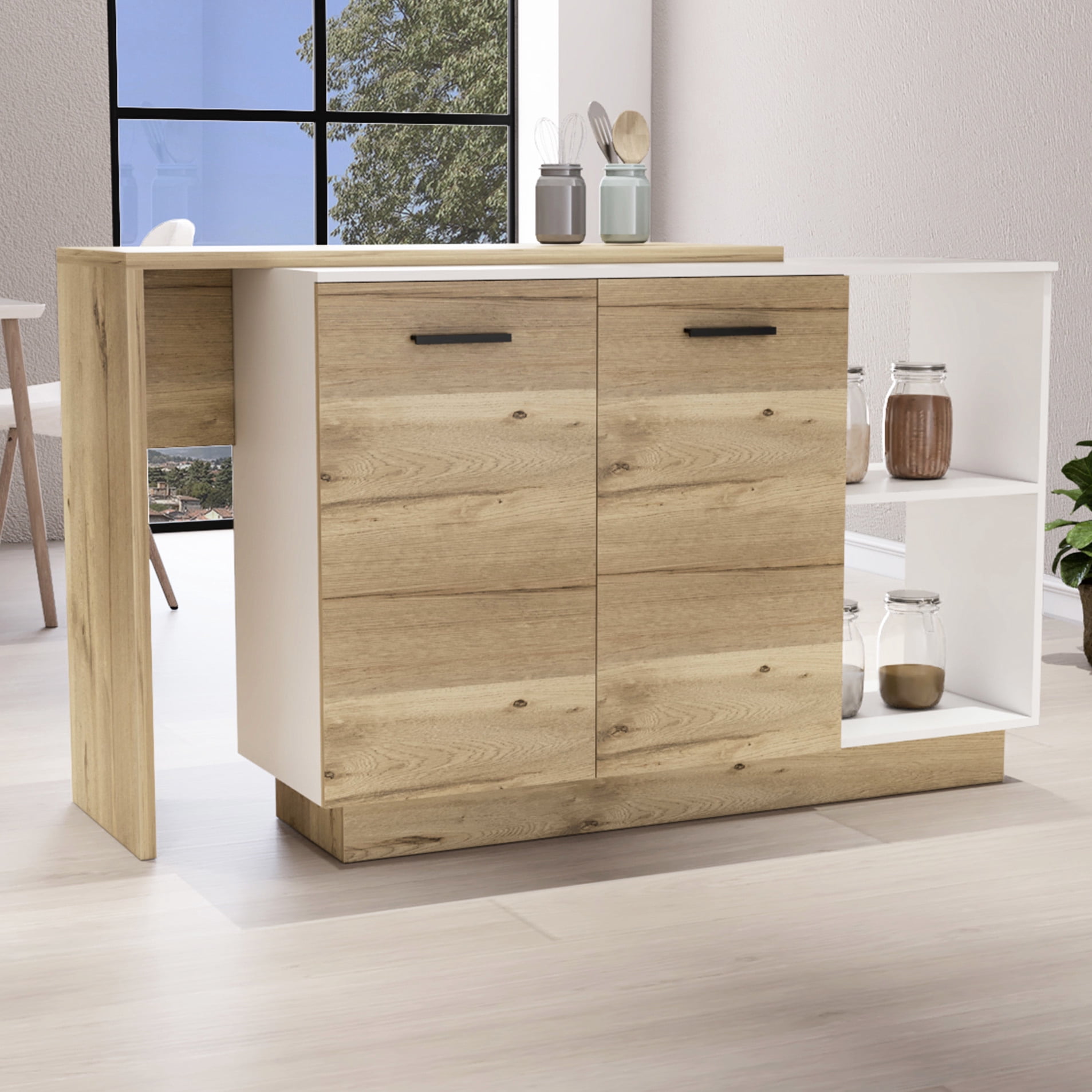 Modern Kitchen Island In White/ Oak, Double Door, Three Shelf ...