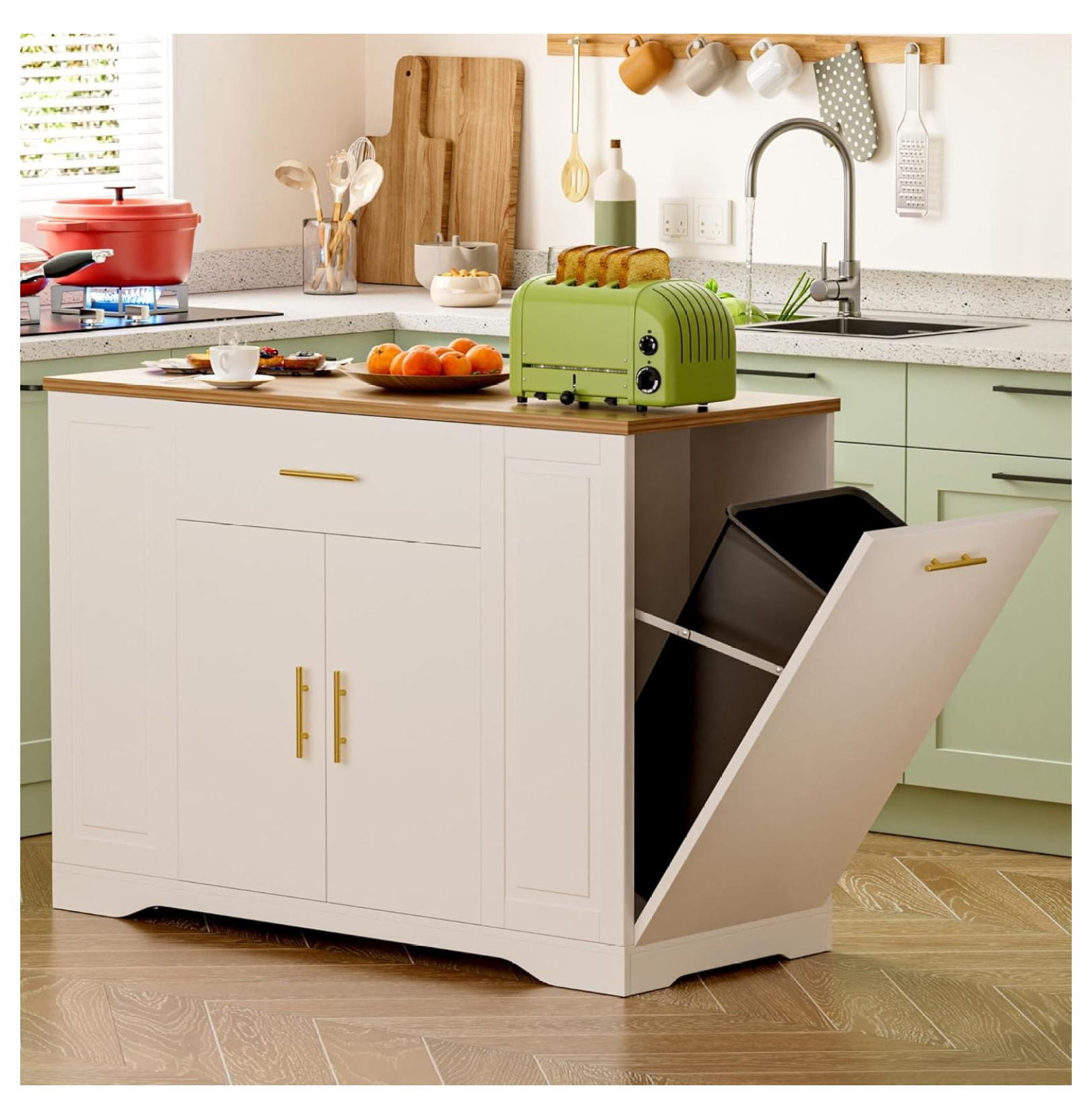 Modern Kitchen Island with Trash Can Storage Cabinet, Rolling Kitchen ...