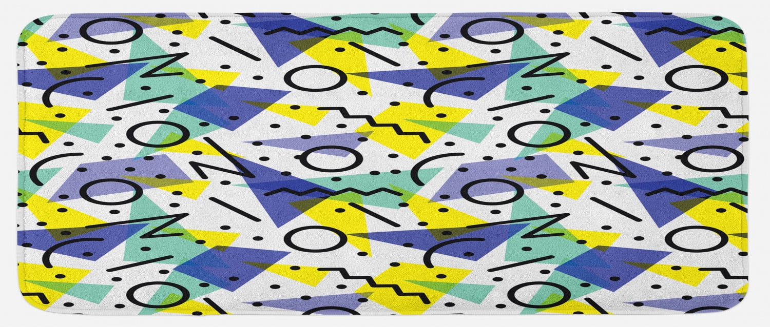Modern Kitchen Mat, Geometrical Retro 80s Themed Image Lines Circles ...
