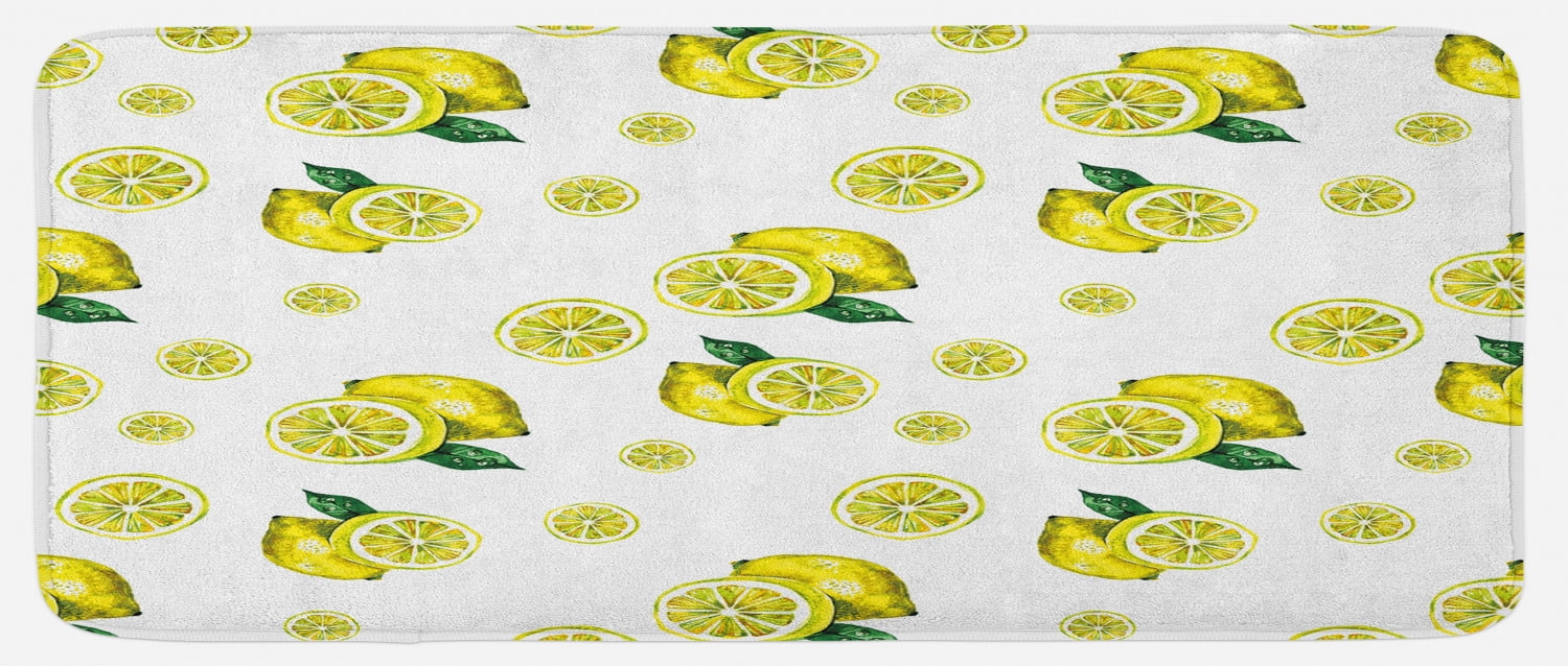 Modern Kitchen Mat, Lemon with Slices and Leaves Summer Season Fresh ...