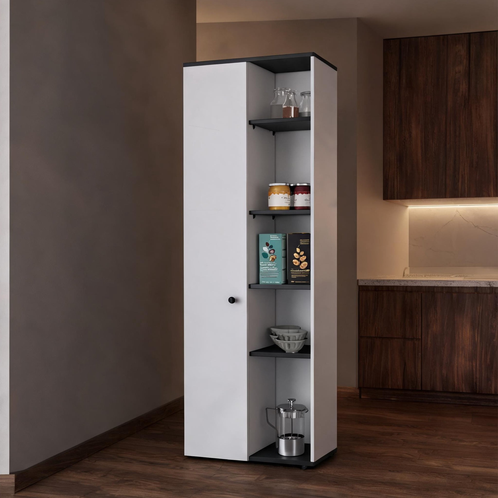 Modern Kitchen Pantry Cabinet with 5 Open Shelves Concealed Door ...