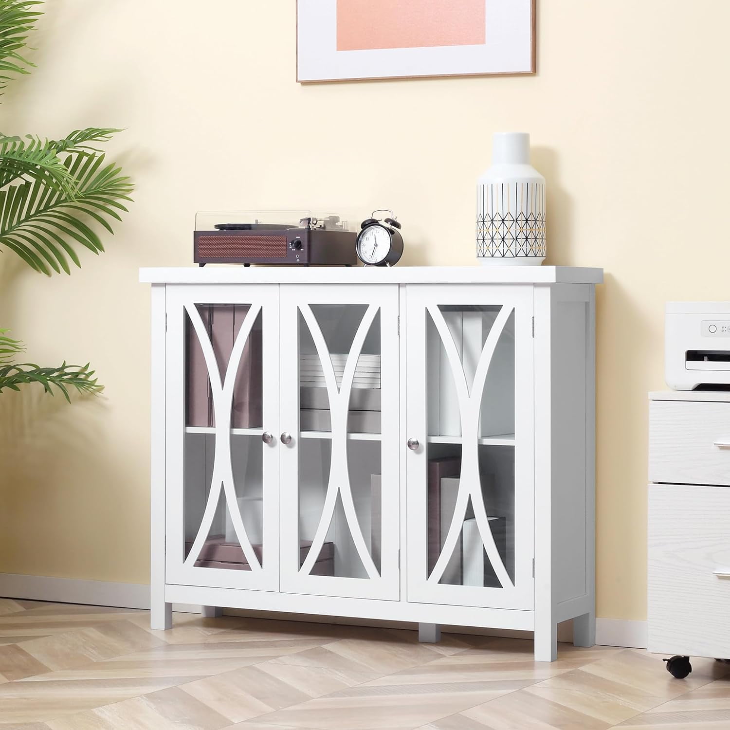 Modern Kitchen Sideboard, Buffet Cabinet with 2 Storage Cupboard, Glass ...
