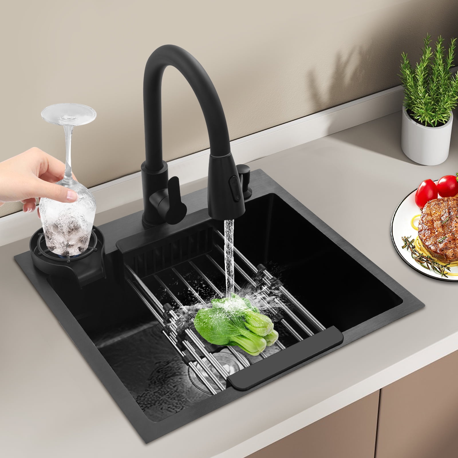 Modern Kitchen Sink with Pull-Out Faucet, Black Stainless Steel, 20cm ...