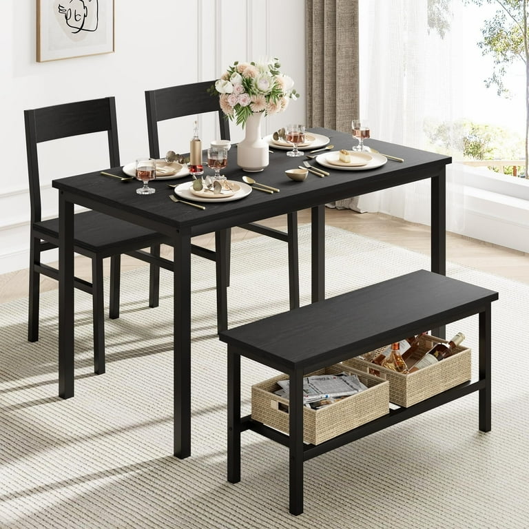 Modern Kitchen Table with 2 Chairs and Bench for Small Space Black