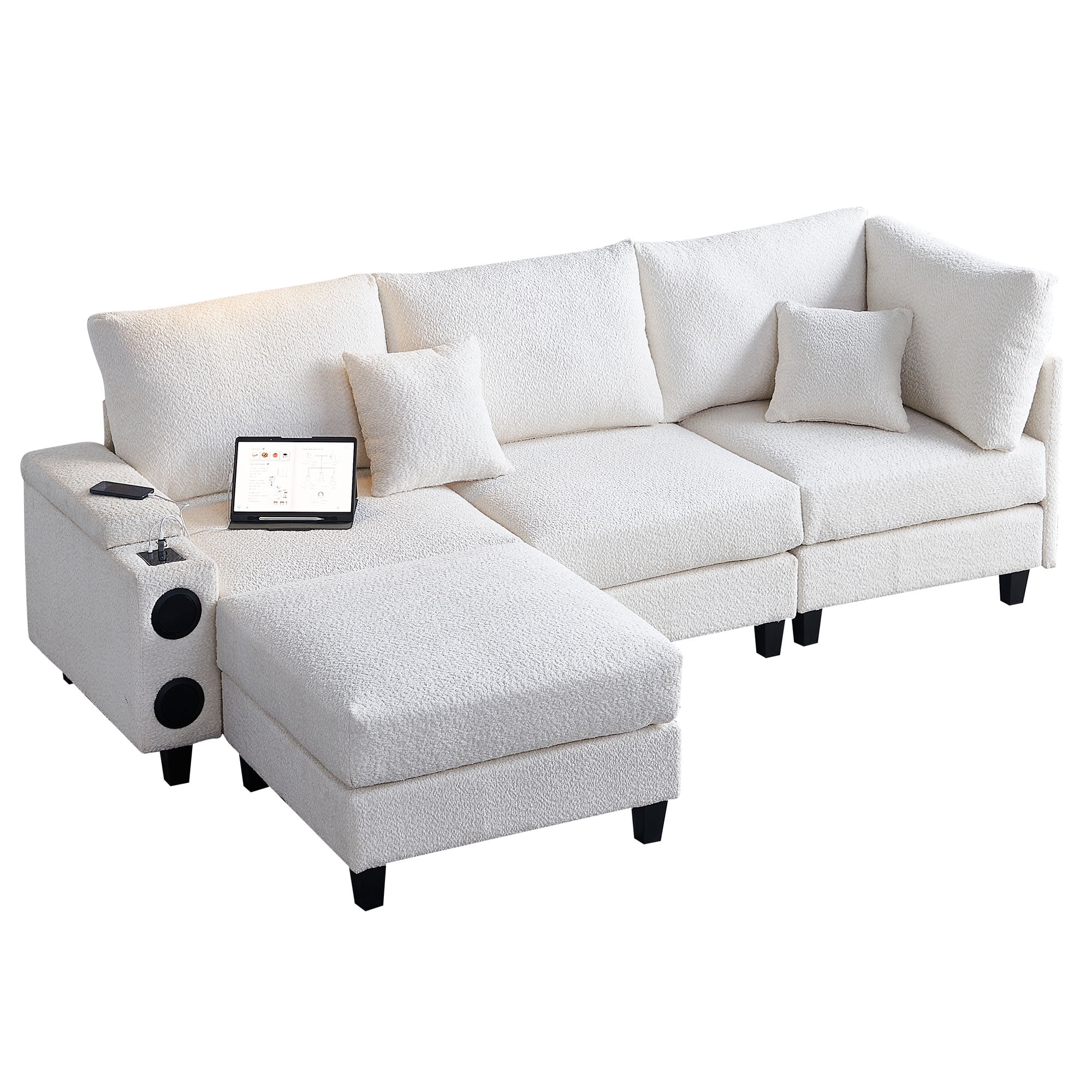 Modern L Shape Sectional Sofa, 4 Seaters Modular Couch with Wireless ...