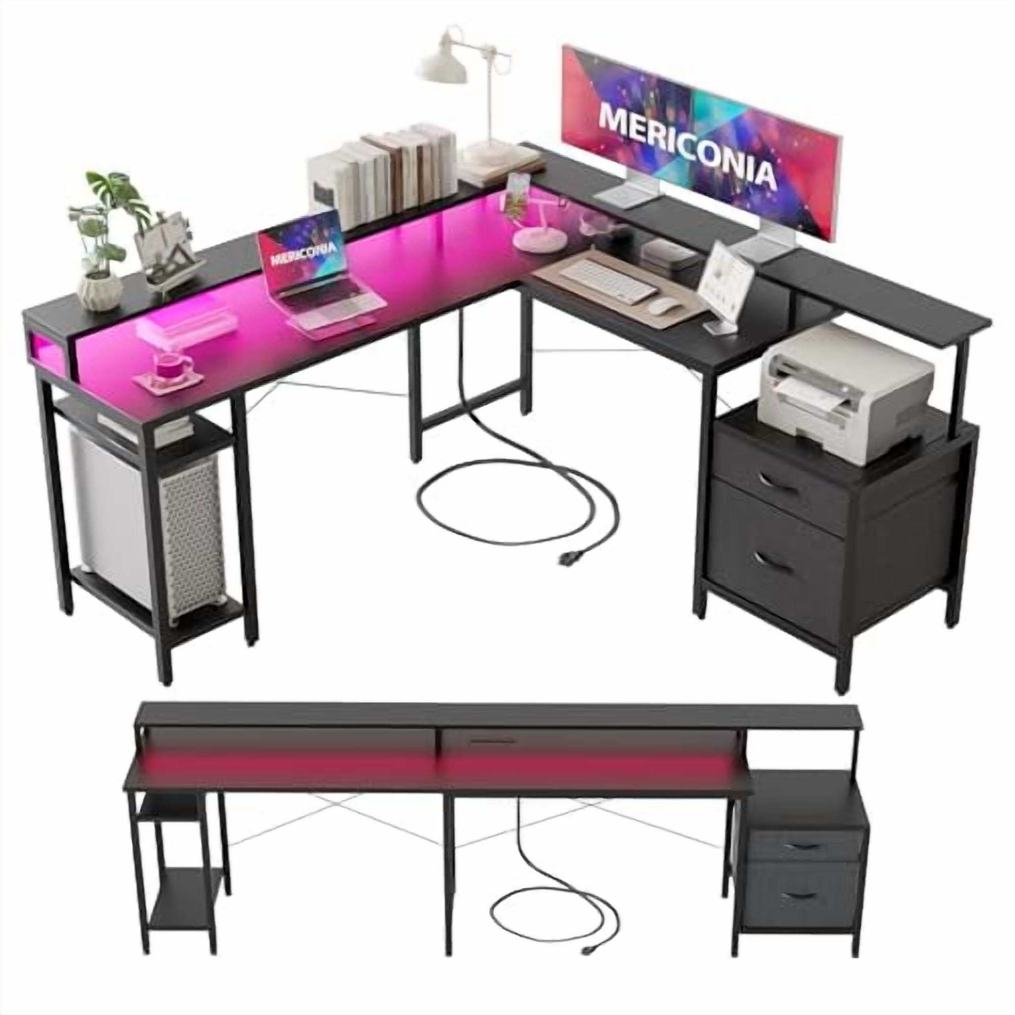 Modern L-Shaped Computer Desk with RGB Lights & Power Outlets, 112 ...
