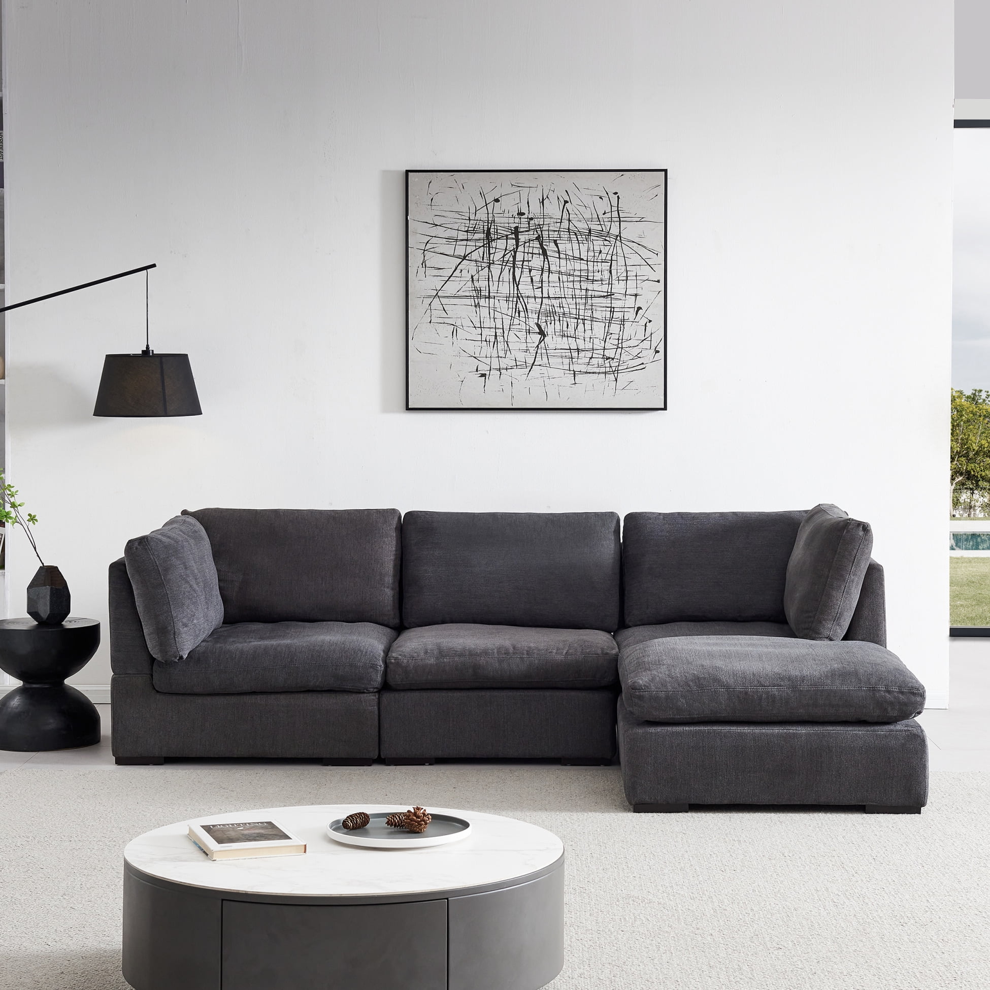 Modern L-Shaped Modular Sectional Sofa, Soft Fabric Sofa with Ottoman ...