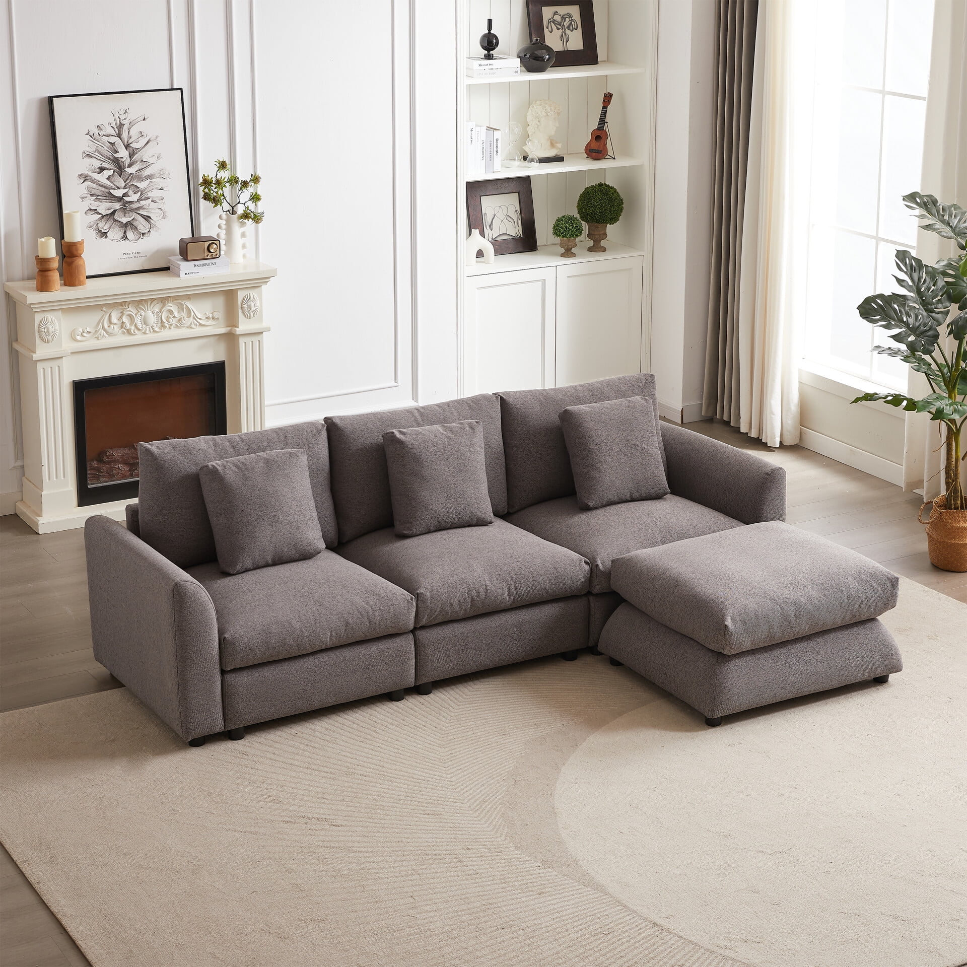 Modern L Shaped Modular Sofa with Convertible Ottoman, 4 Seater ...