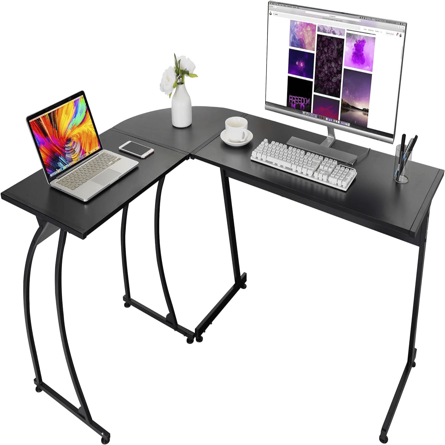 Modern L-Shaped Office Desk with Round Corner Computer Desk Gaming ...