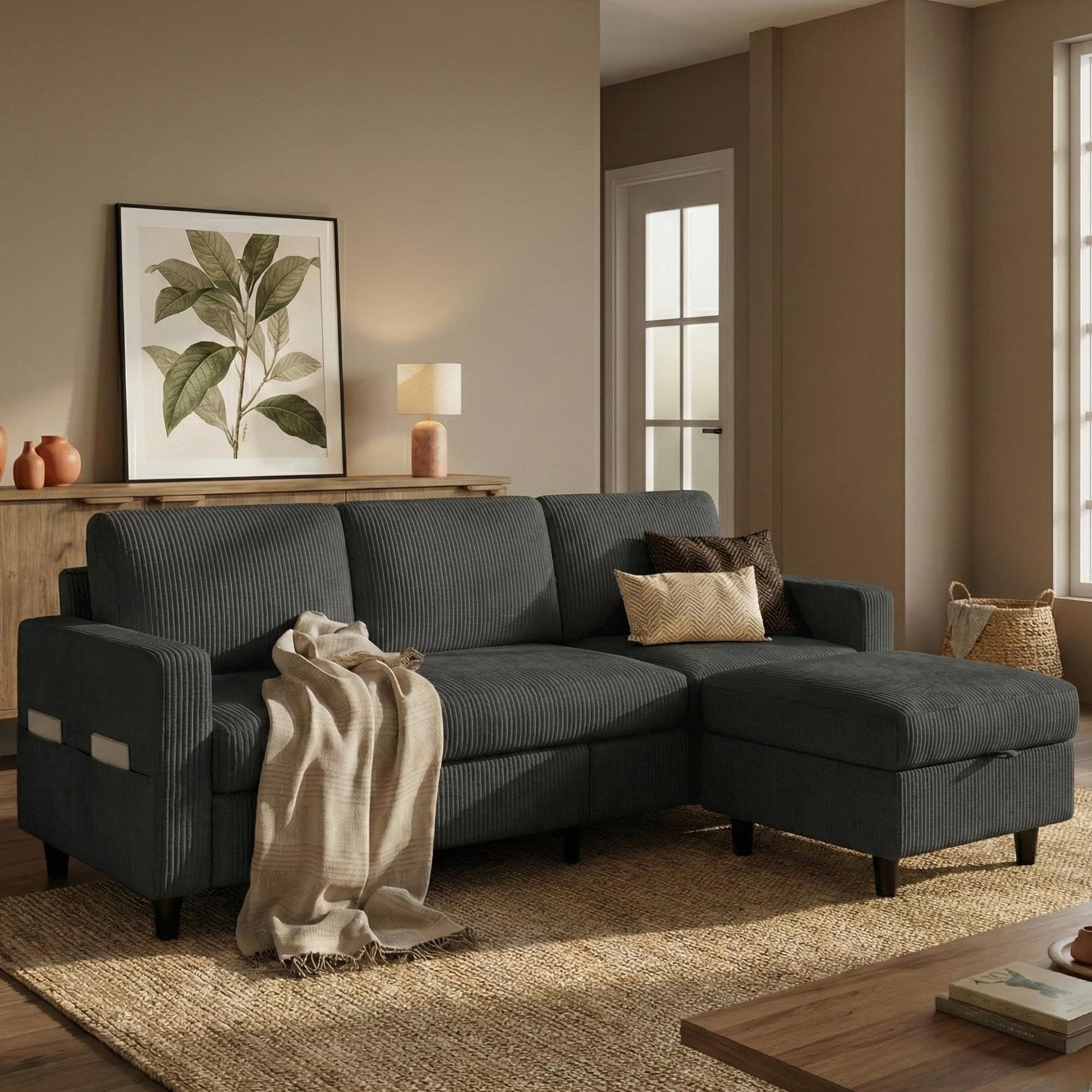 Modern L-Shaped Sectional Sofa with Storage Ottoman and Side Pockets ...