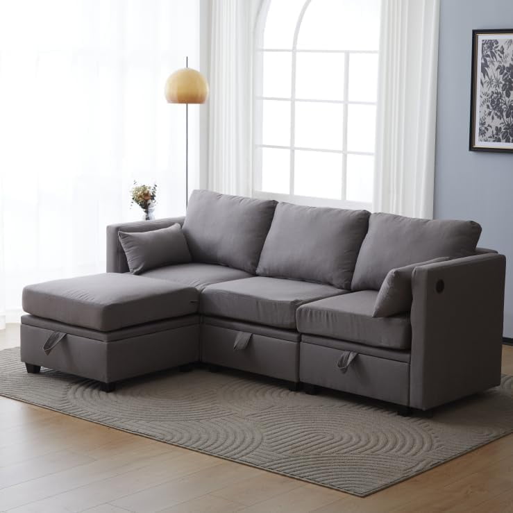 Modern L-Shaped Sectional Sofa with Charging Station for Small Space Fabric Modular Sofa with ...