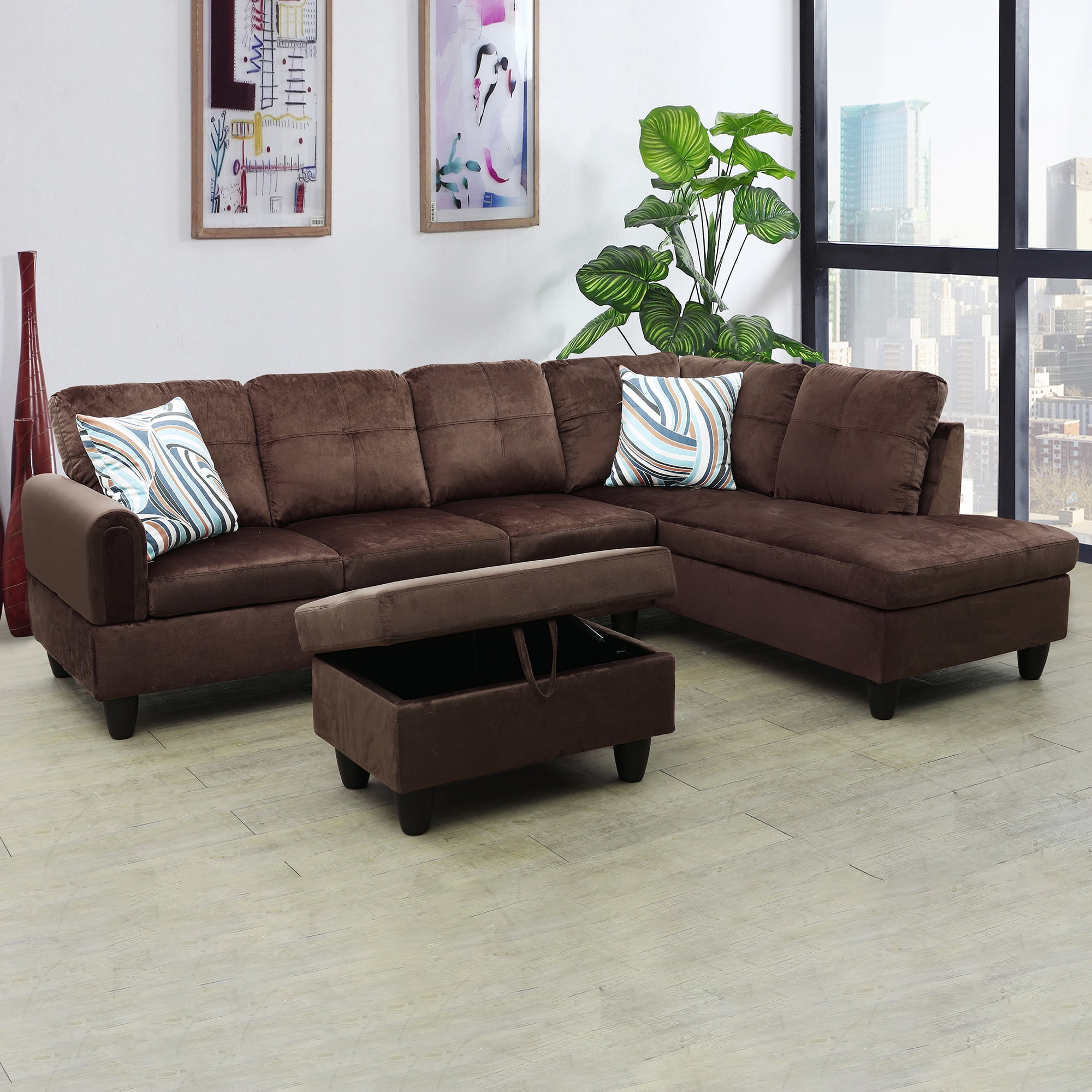 Modern L-Shaped Sofa for Living Room, Flannel Sectional Sofa Set for ...