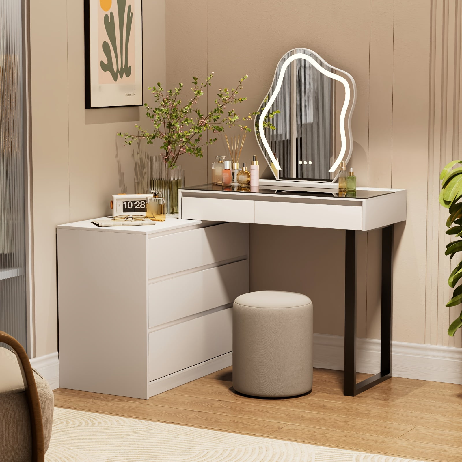 Modern L-Shaped Vanity Desk with LED Lighted Mirror and Glass Top, 5 ...