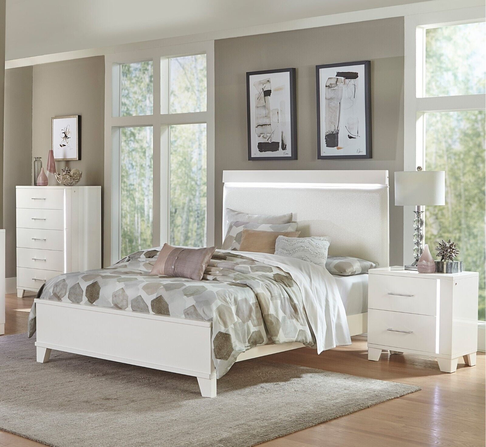 Modern LED Bedroom Set 3pc White Finish King Size Bed and Two ...