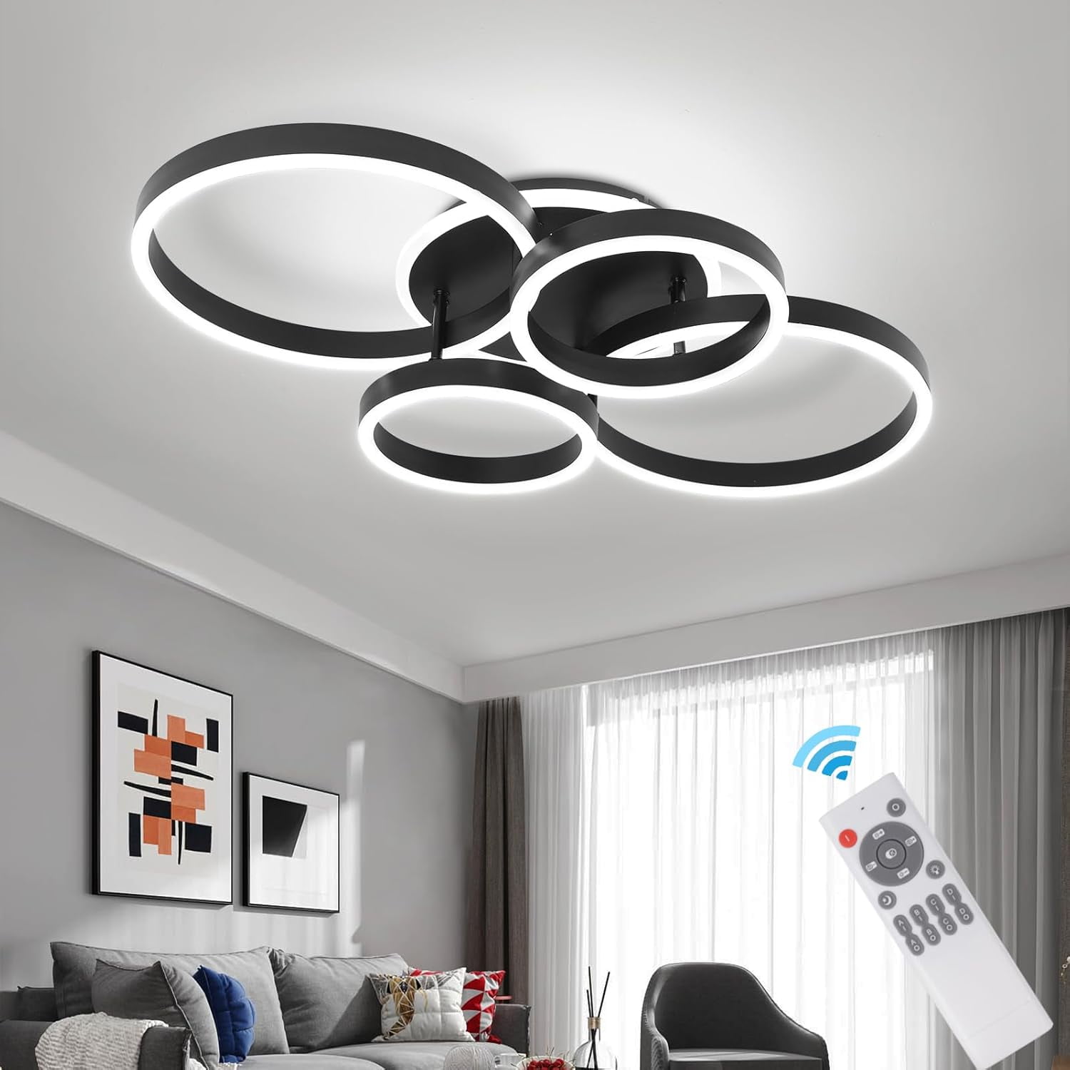 Modern LED Ceiling Light, 4 Rings Dimmable Flush Mount with Remote Control, Black Ceiling ...