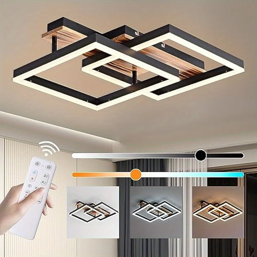 Modern LED Ceiling Light, Solid Wood Dimmable Rectangle Ceiling Lamp ...