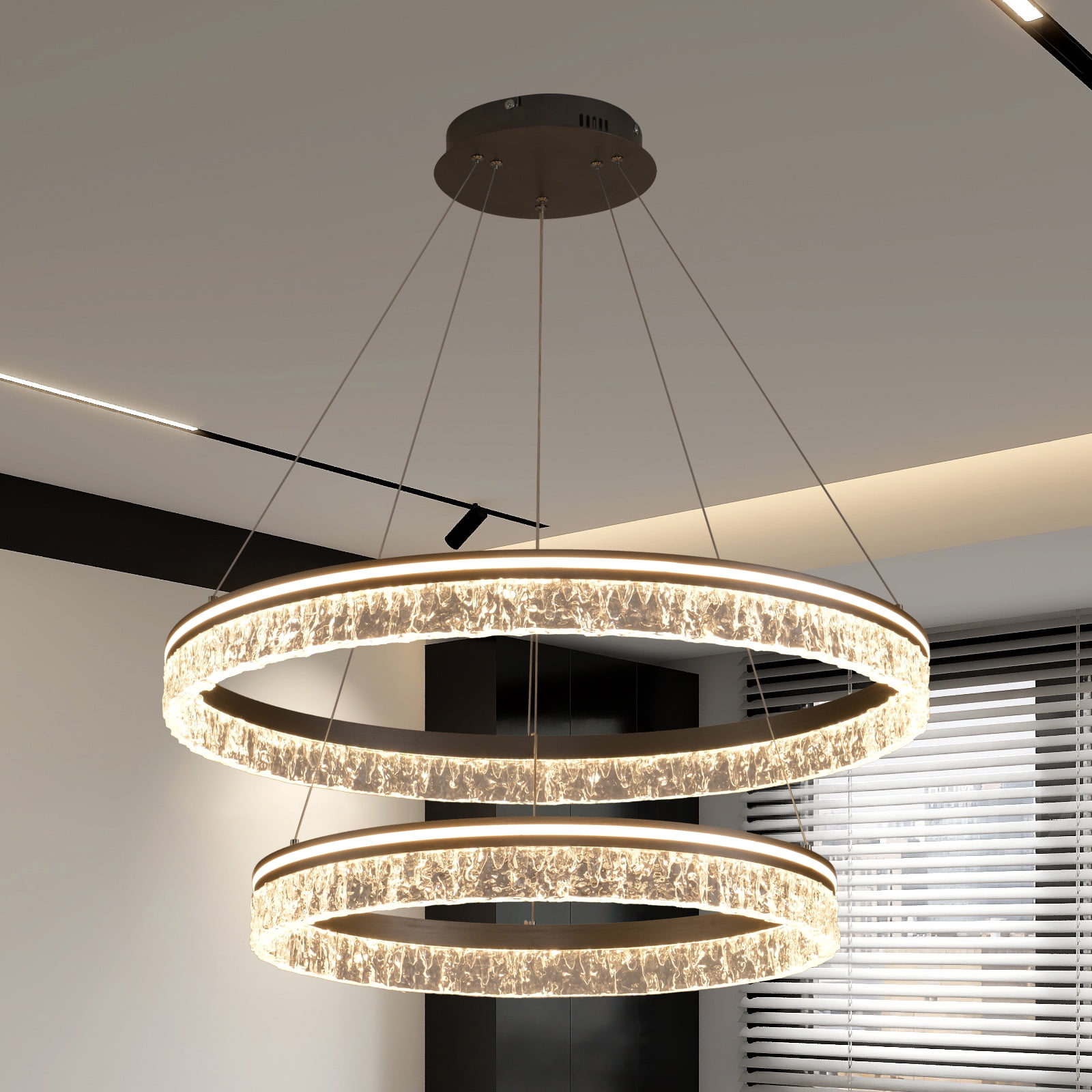 Modern LED Chandelier with Remote Control, Round Crystal Chandelier, 2 ...