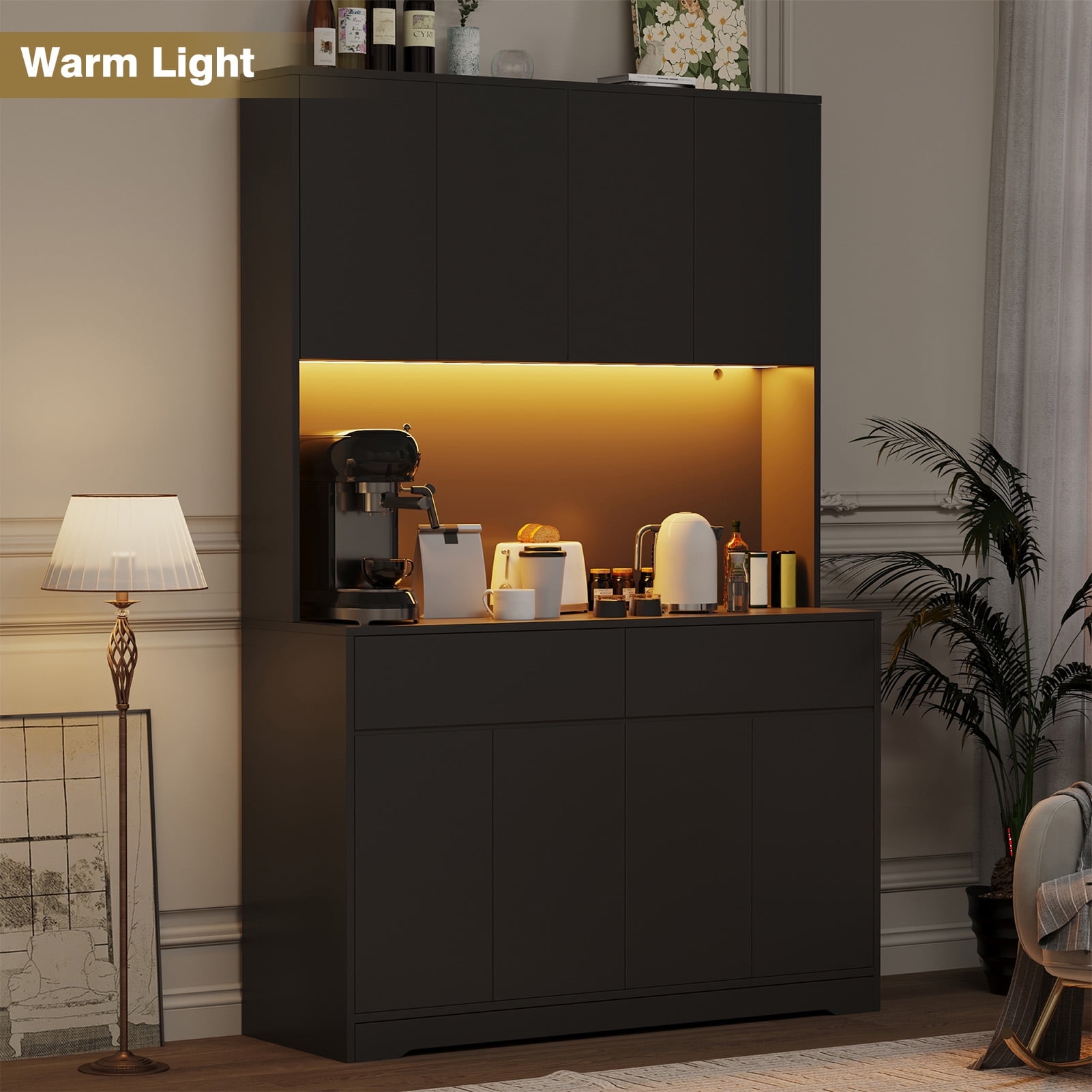 Modern LED Coffee Bar Cabinet with Charging Station, 71'' Tall Kitchen ...