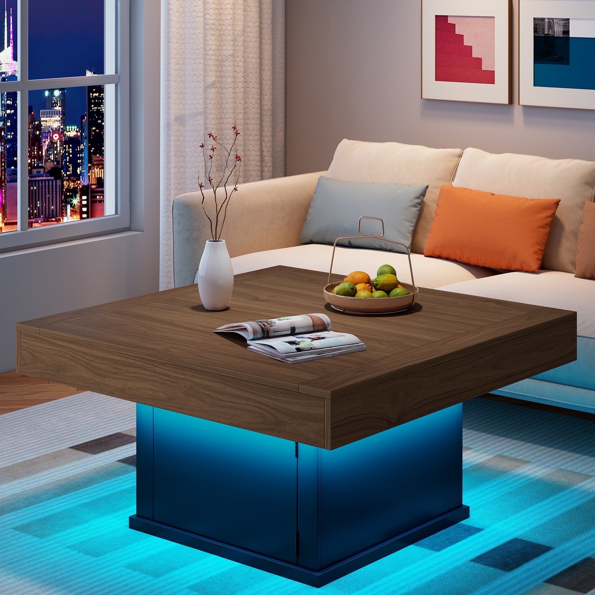 Modern LED Coffee Table with Storage and Hidden Shelf, 33.5-Inch Square ...