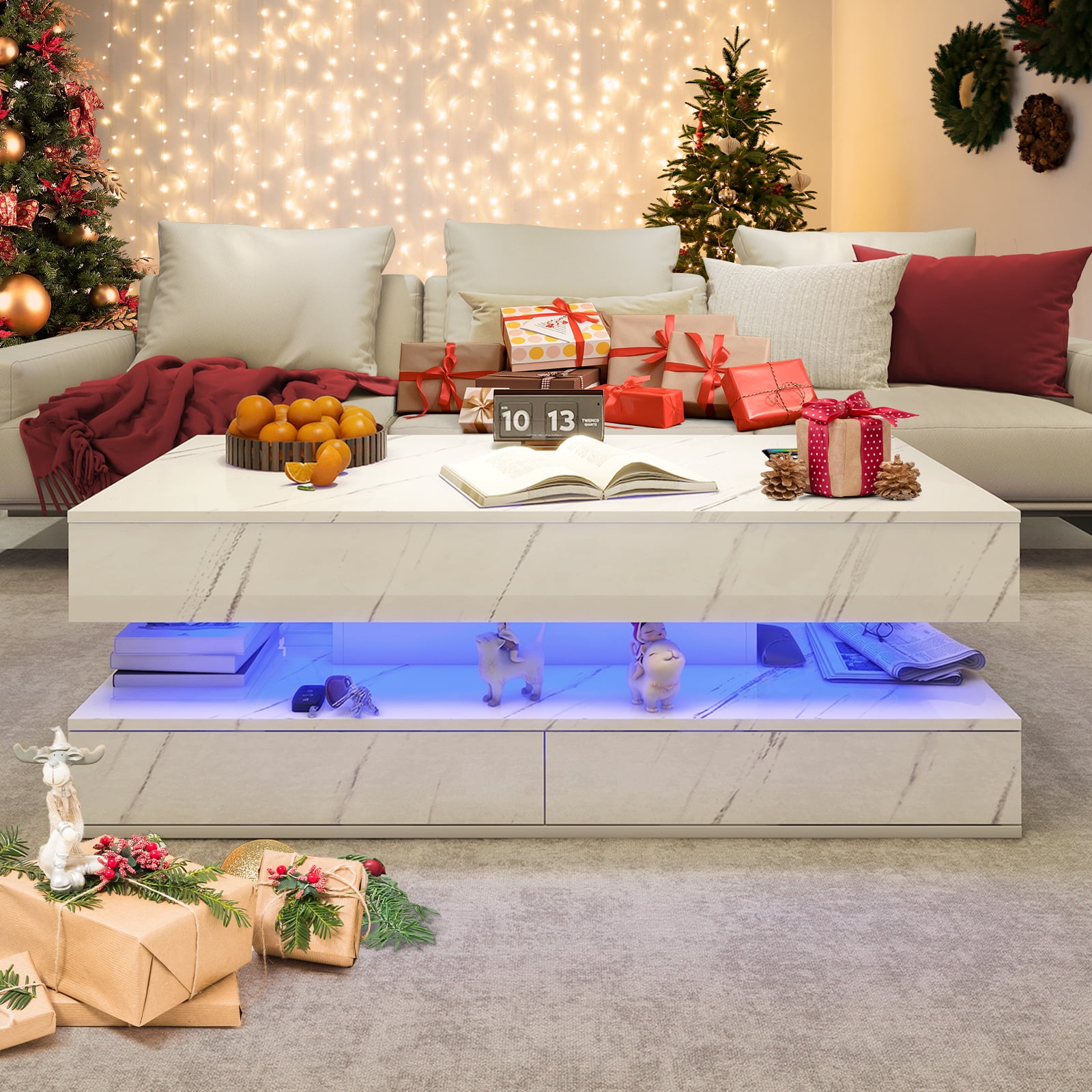 Modern LED Coffee Table with Wireless Charge Station, 47" Large White ...