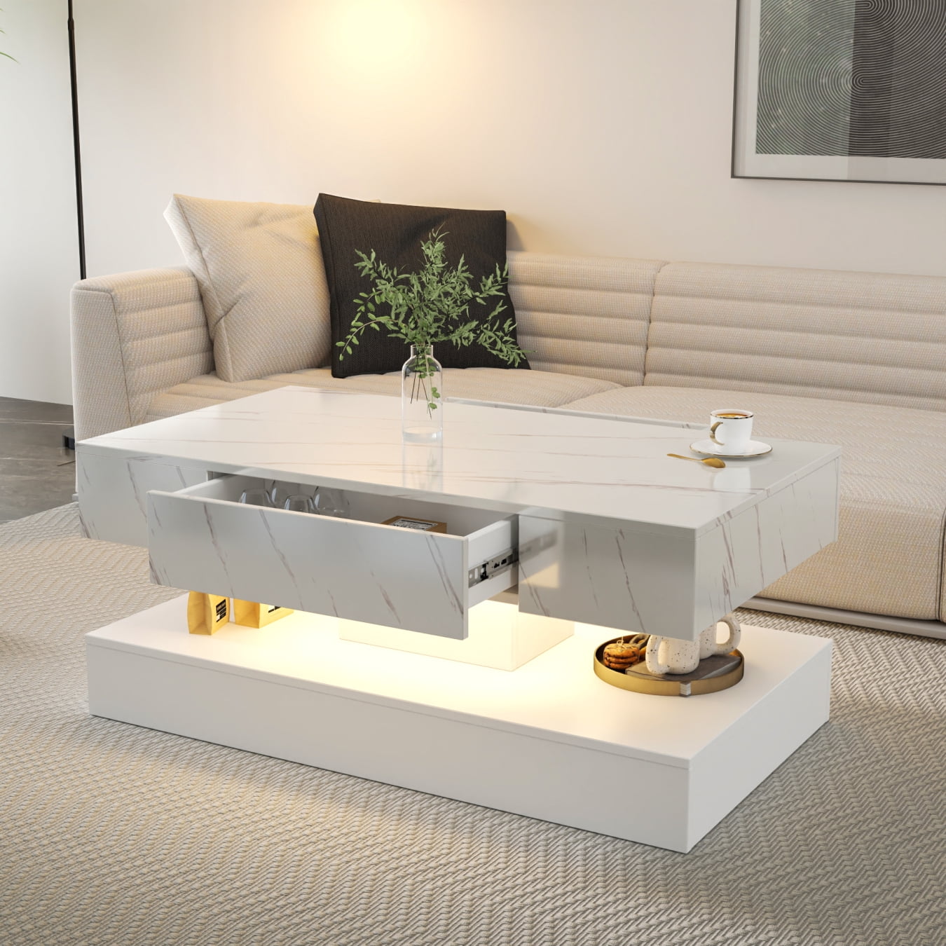 Modern LED Coffee Table with 1 Storage Drawer & RGB Lighting, White ...