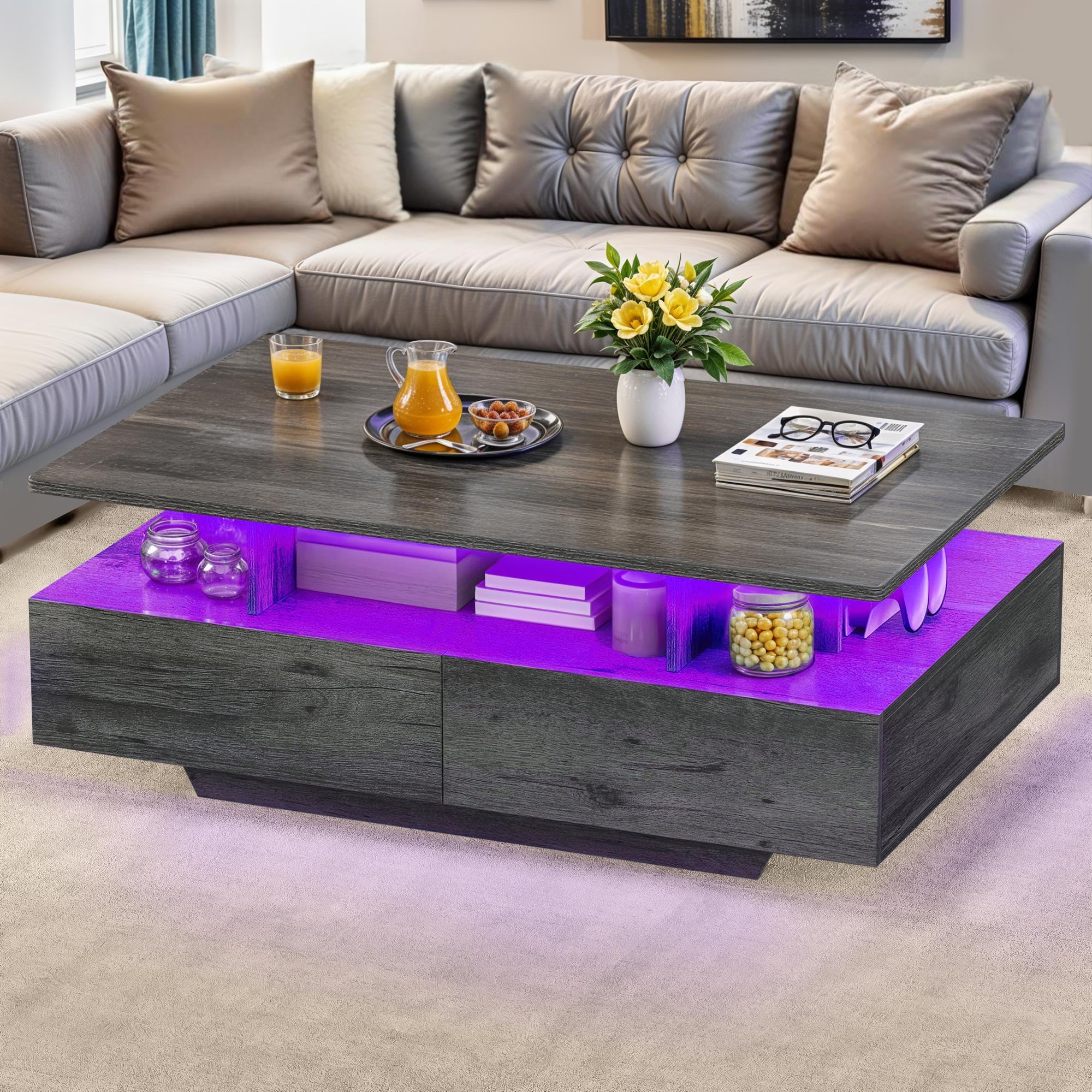Modern LED Coffee Table with Sliding Drawers, Gray Center Table for ...
