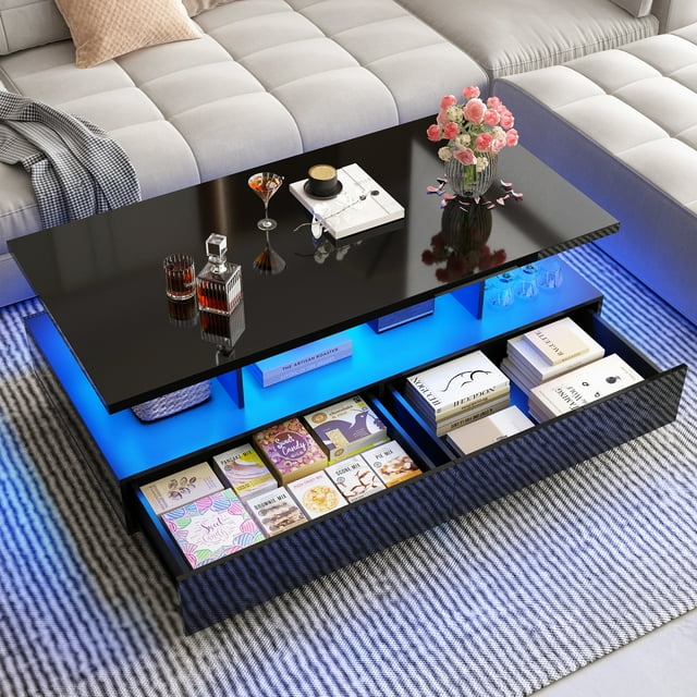 Modern LED Coffee Table with Storage, 43" Large White Coffee Tables for ...