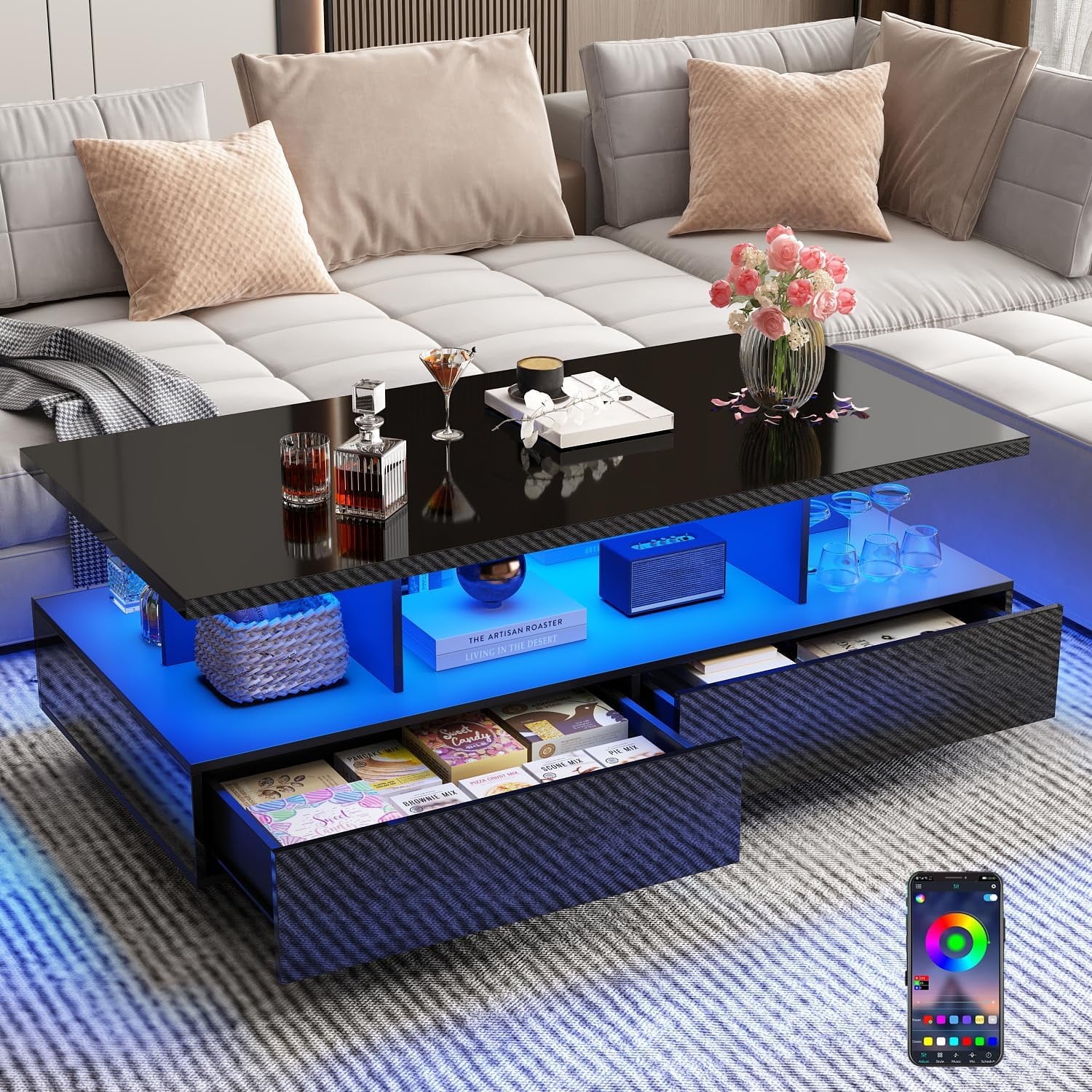 "Blotout Modern LED Coffee Table with High Gloss Top, Storage & Lights, 43"" Large Black Center ...