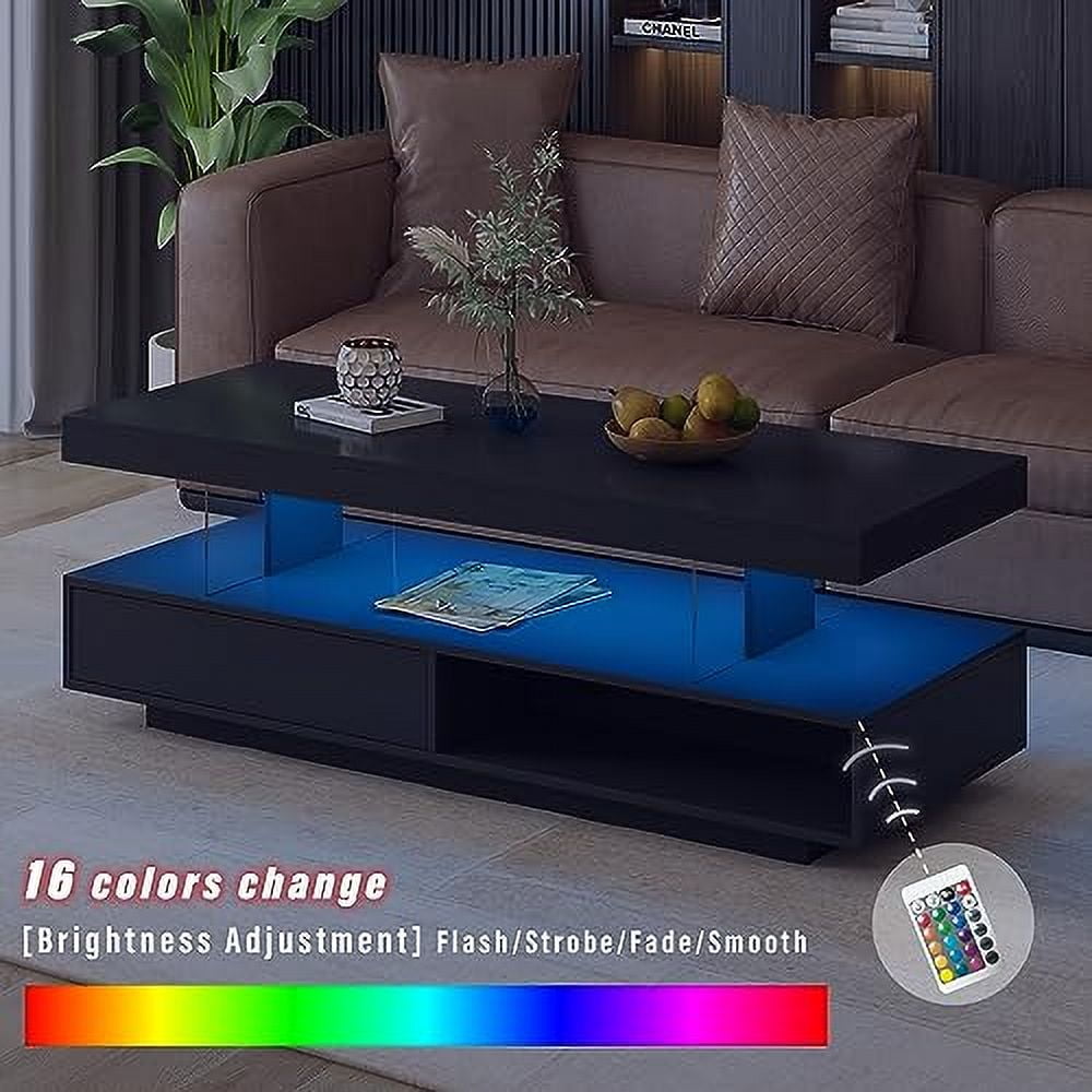 Modern LED Coffee Table with Storage, High Gloss Cocktail Center Table ...
