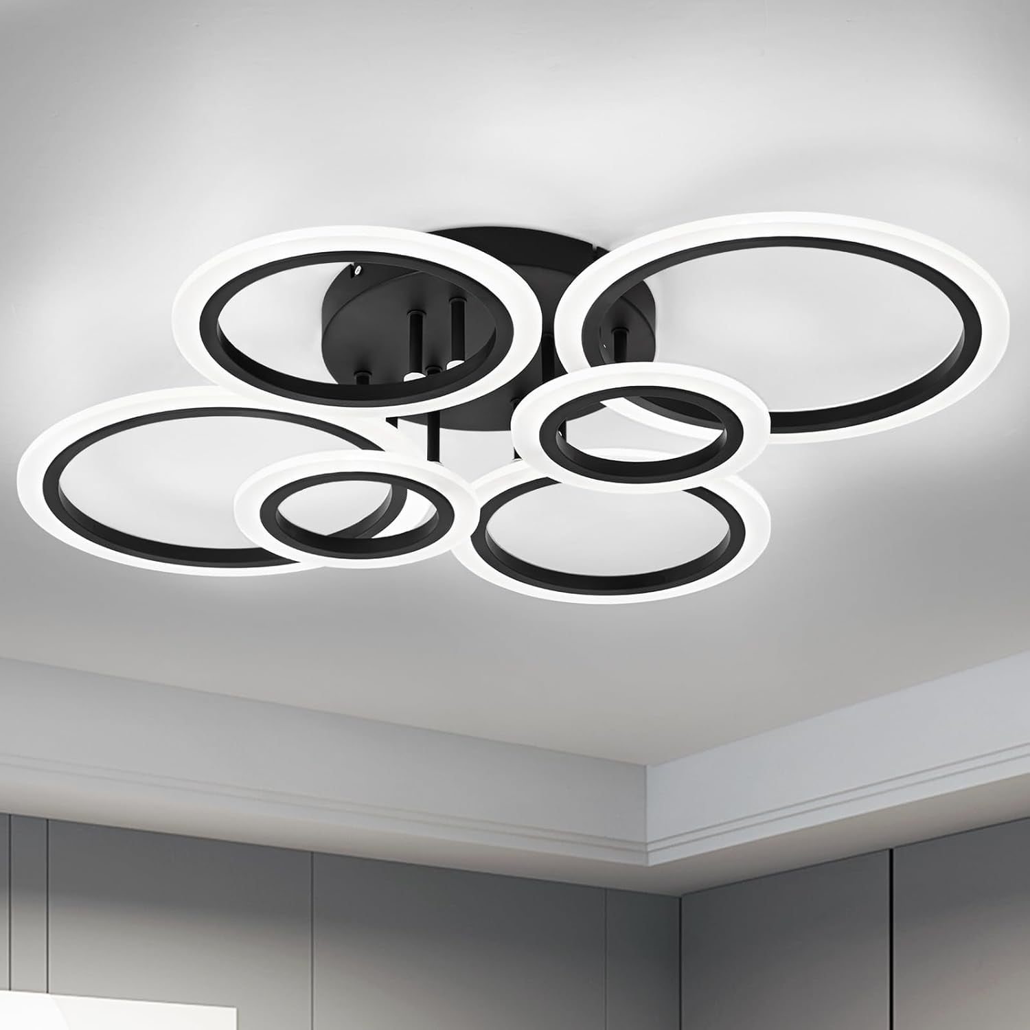 Modern LED Flush Mount Ceiling Light, 6 Rings Black Close to Ceiling ...