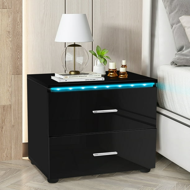 Modern LED High Gloss Nightstand with 2 Drawers, Bedside Table with LED ...