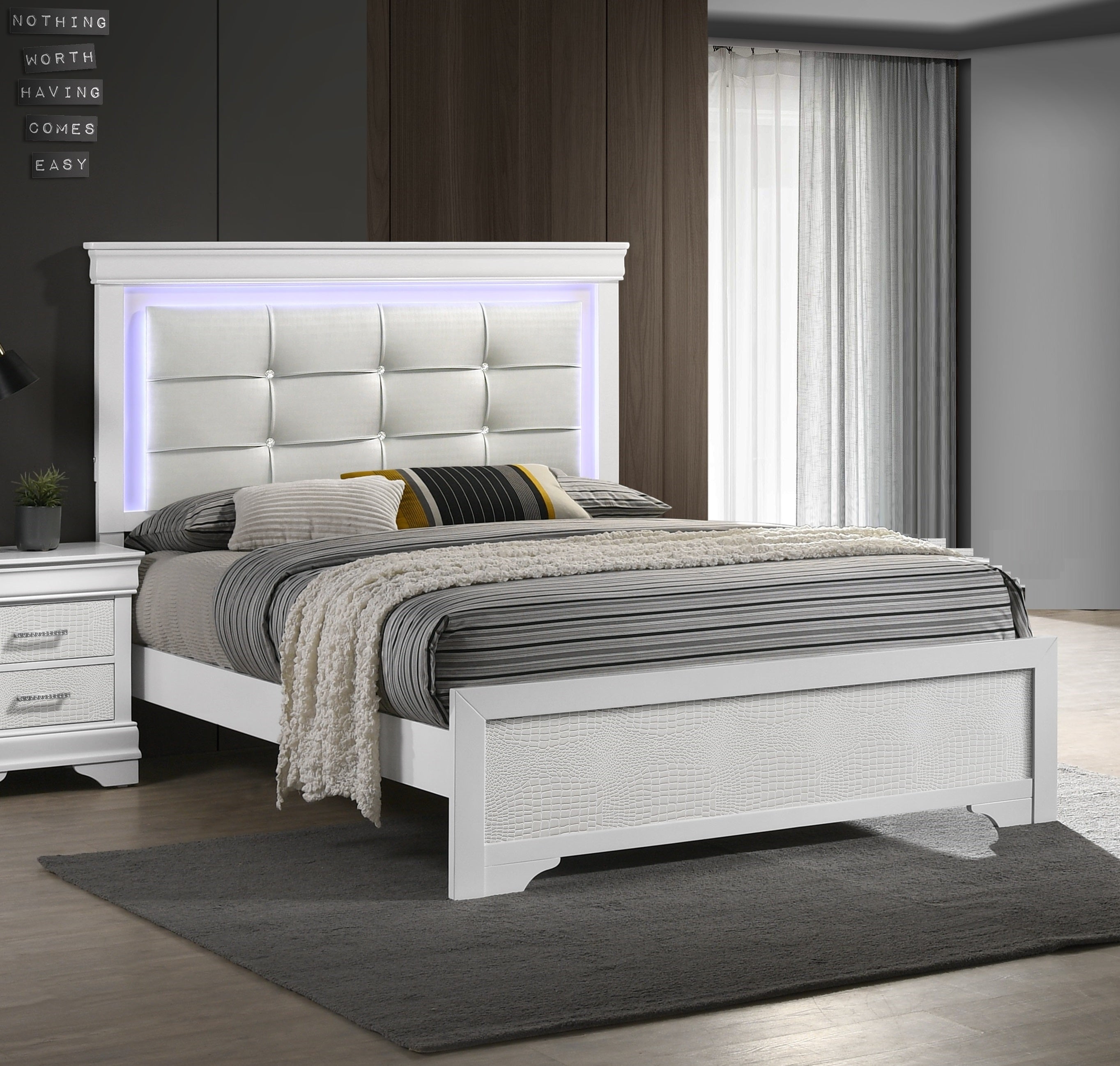 Modern LED Light King Panel Upholstered Wooden Bedroom Furniture White ...