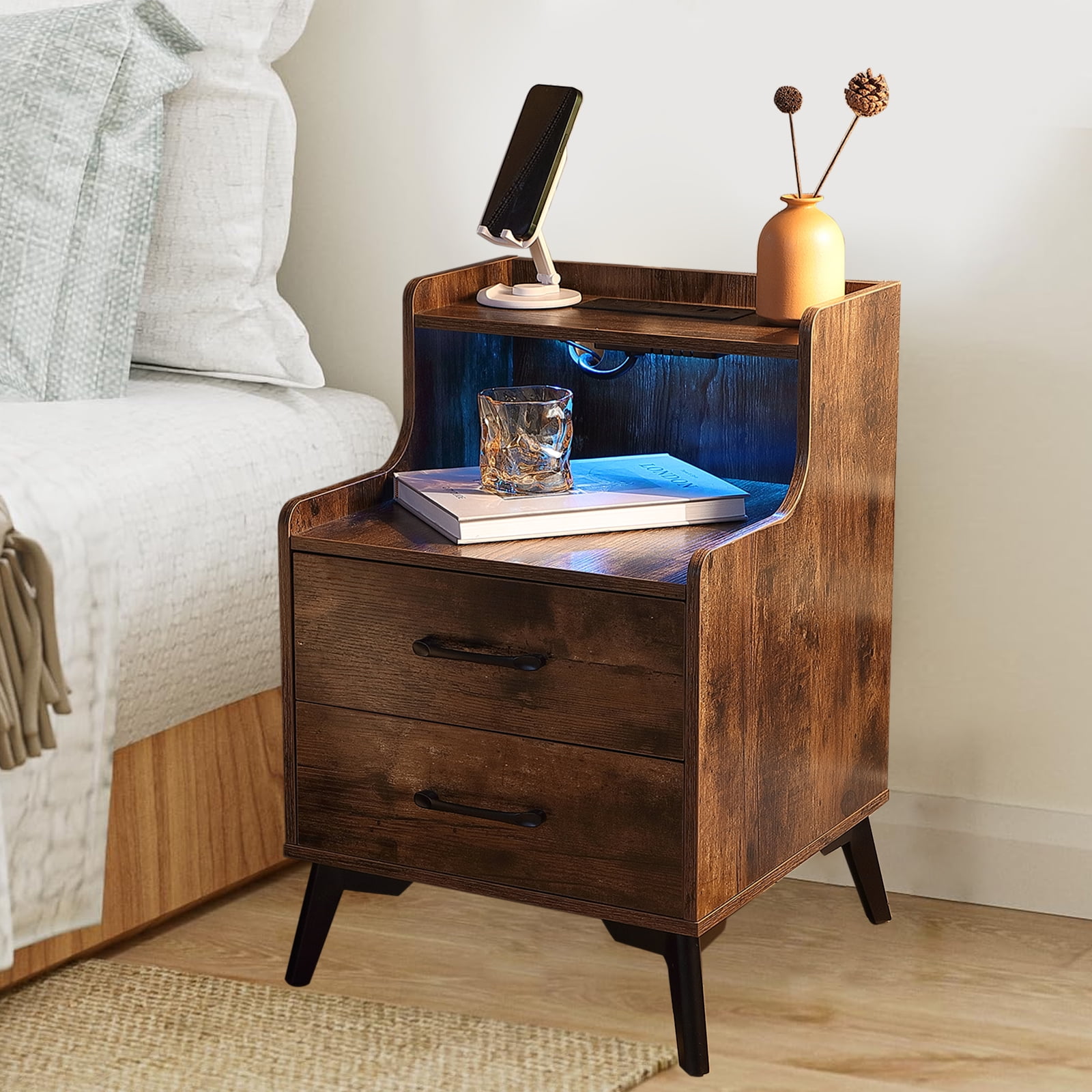Modern LED Nightstand End Side Table 2Drawers Bedside Desk W/Charging ...