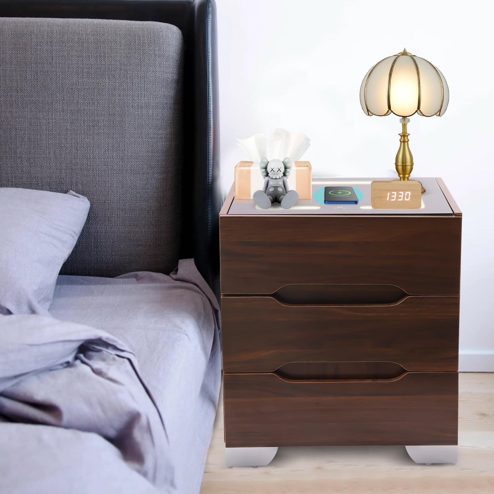 Modern LED Nightstands W/ Wireless Charging Station, Modern End Side ...